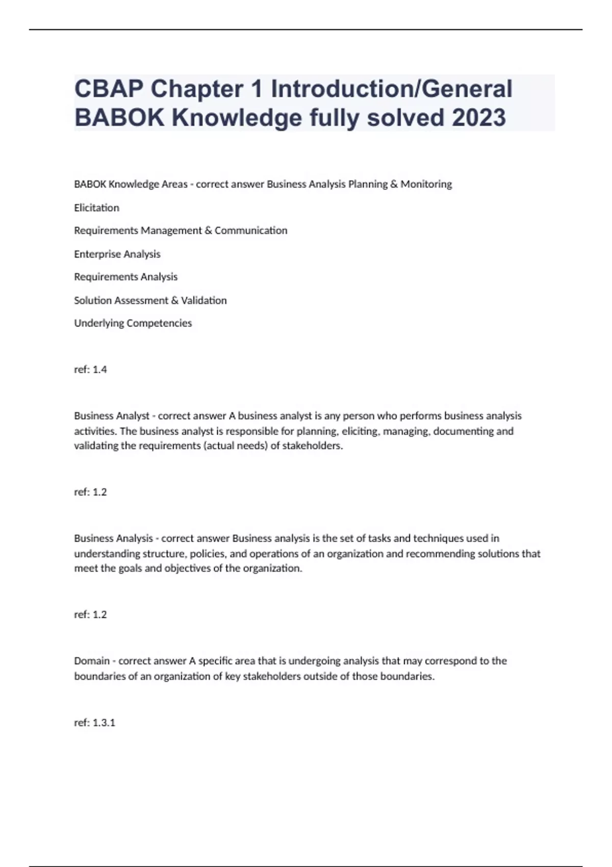 CBAP Chapter 1 Introduction/General BABOK Knowledge fully solved 2023 ...