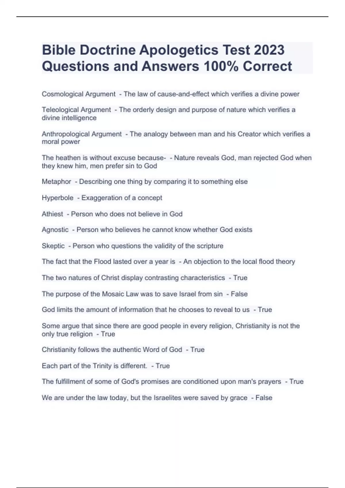 Bible Doctrine Apologetics Test 2023 Questions and Answers 100% Correct ...