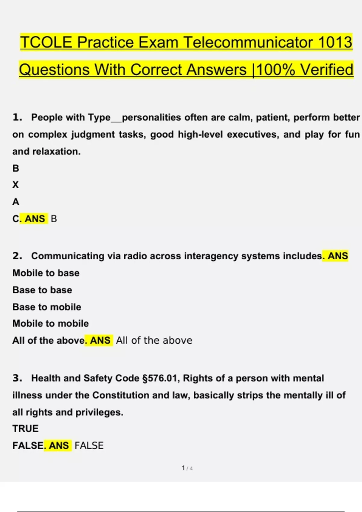 TCOLE Practice Exam Telecommunicator 1013 Questions With Correct ...