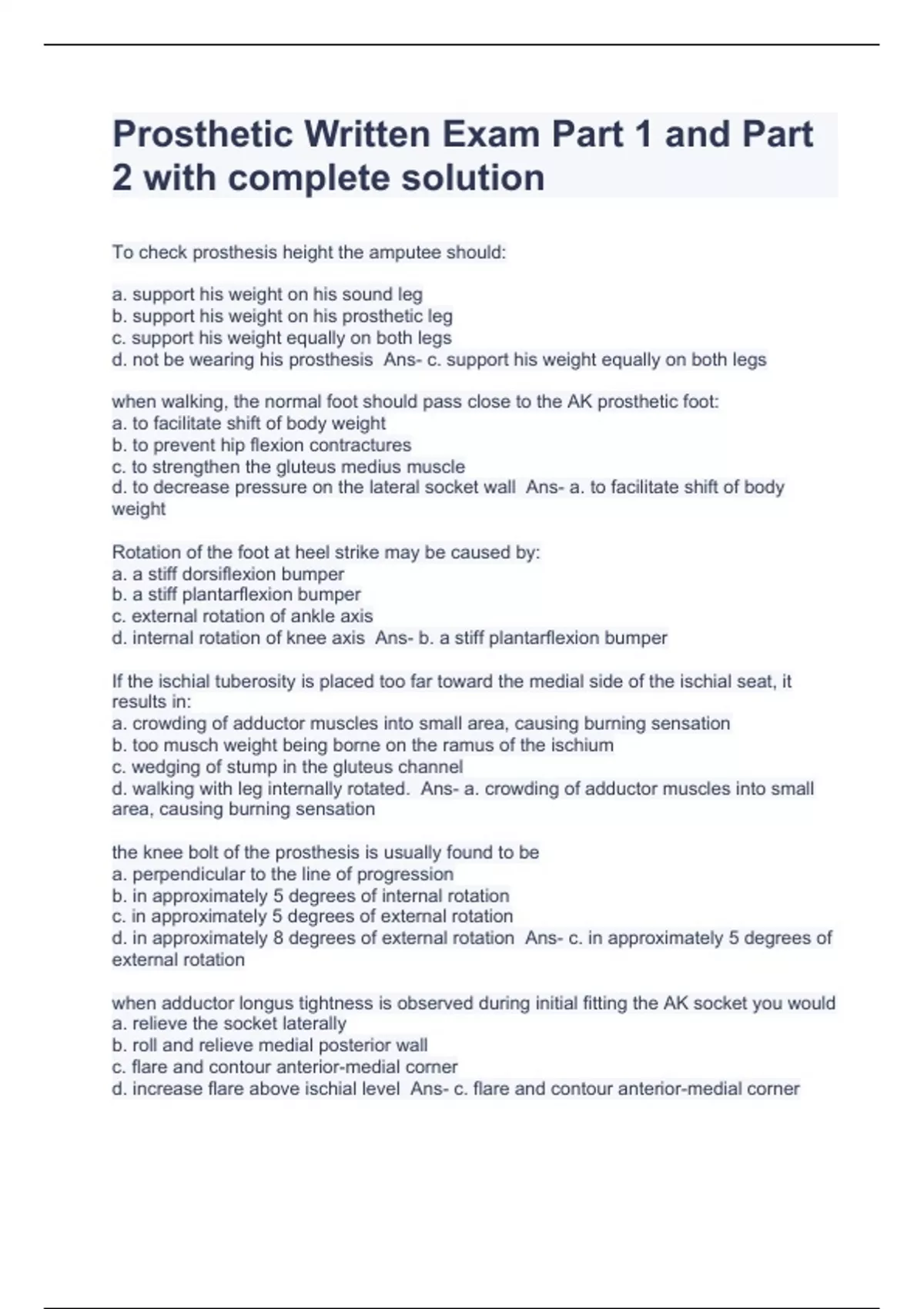 Prosthetic Written Exam Part 1 and Part 2 with complete solution ...