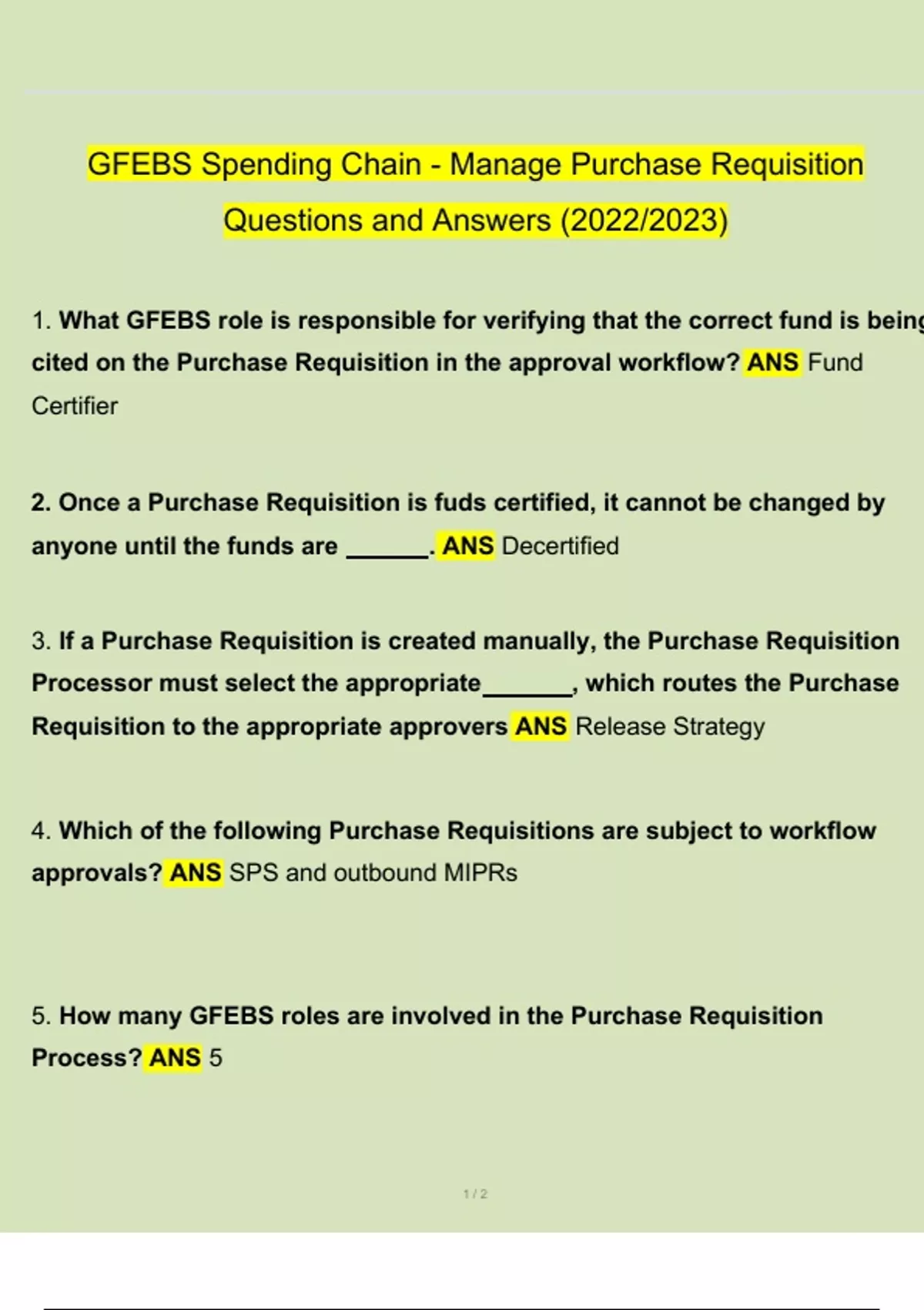 GFEBS Spending Chain - Manage Purchase Requisition Questions and ...
