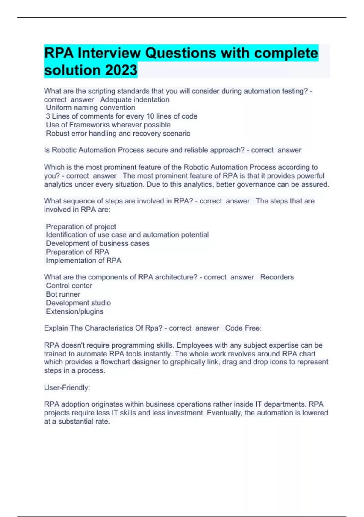 RPA Interview Questions with complete solution 2023 - RPA Interview - Stuvia US