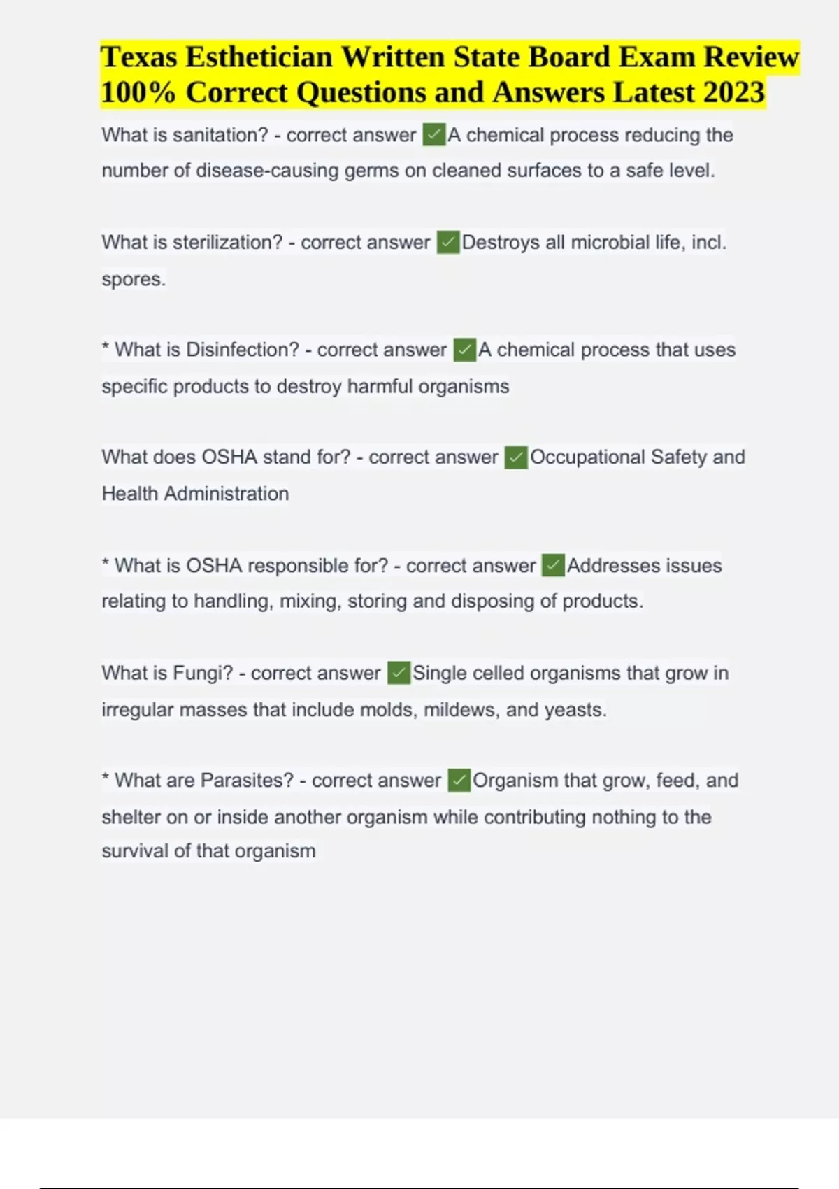 Texas Esthetician Written State Board Exam Review 100% Correct ...