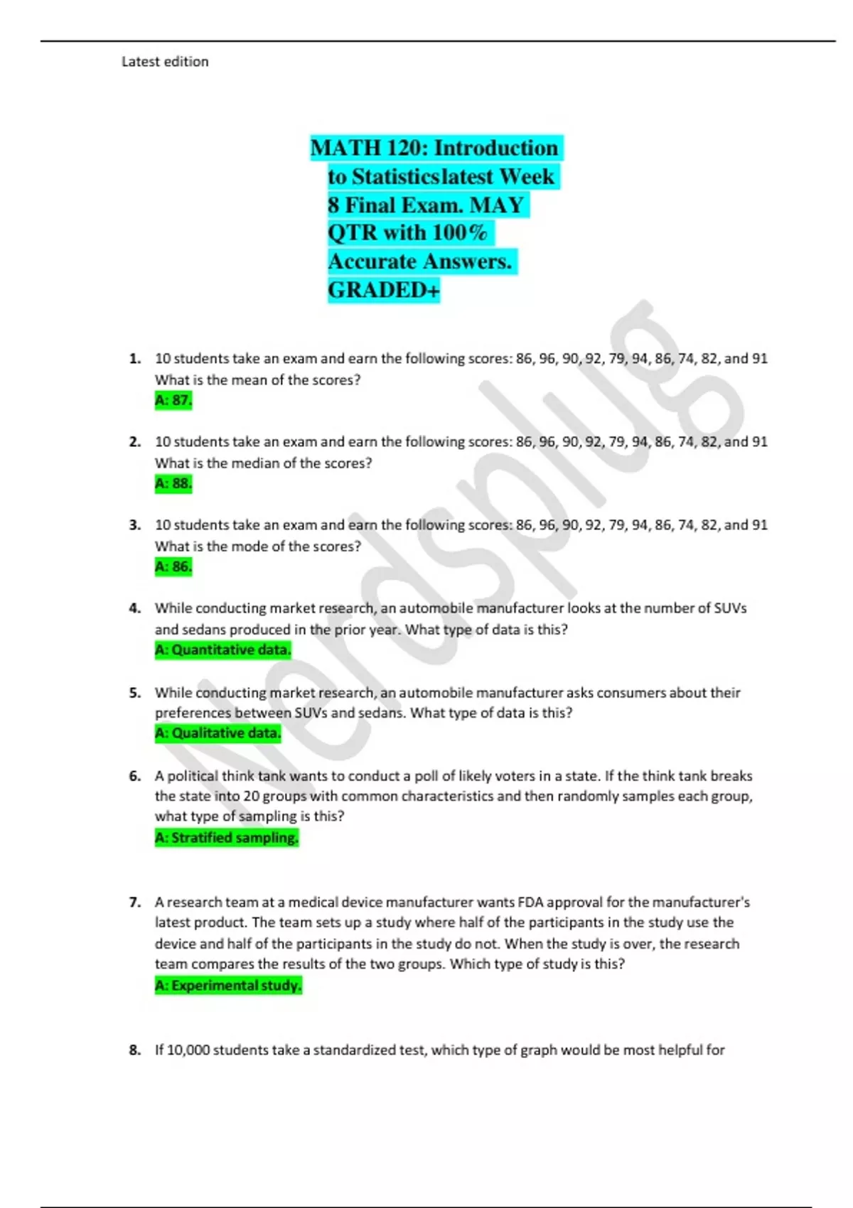 MATH 120: Introduction to Statistics latest Week 8 Final Exam. MAY QTR ...