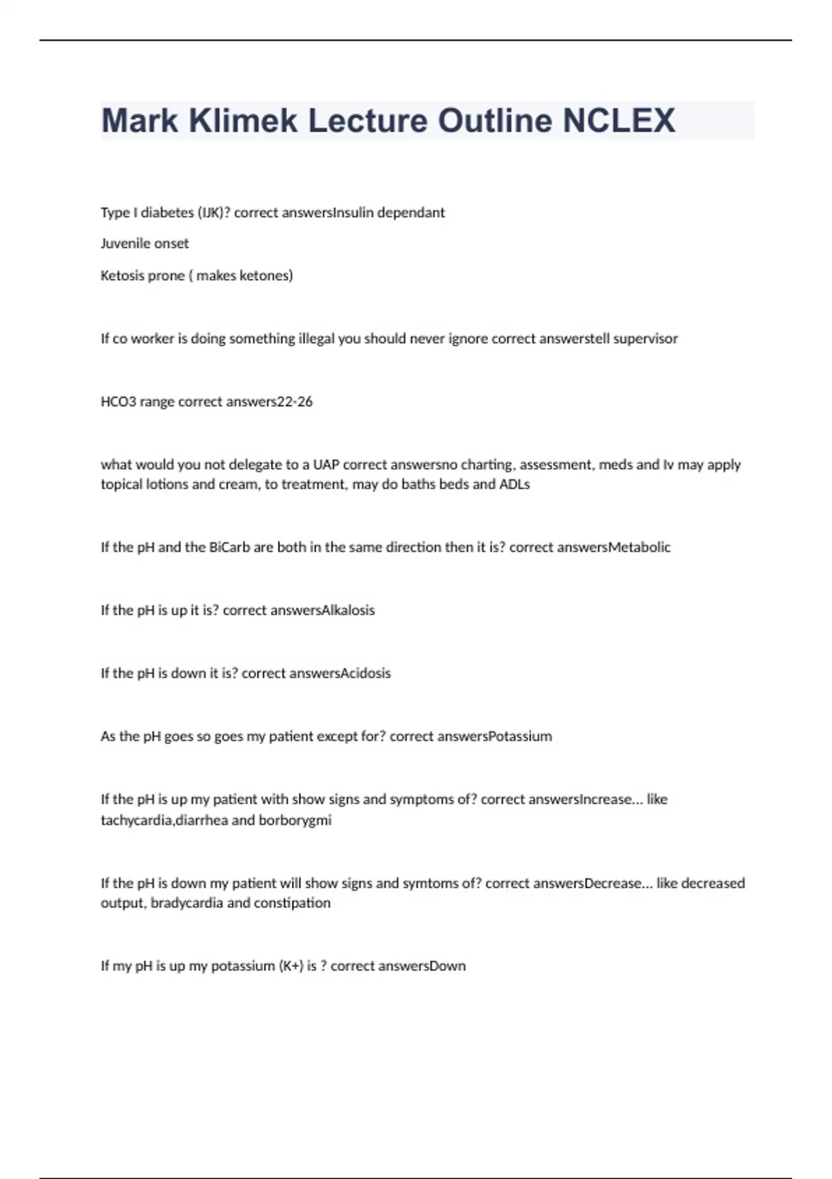 Mark Klimek Lecture Outline NCLEX EXAM 2023 WITH 100% CORRECT ANSWERS ...