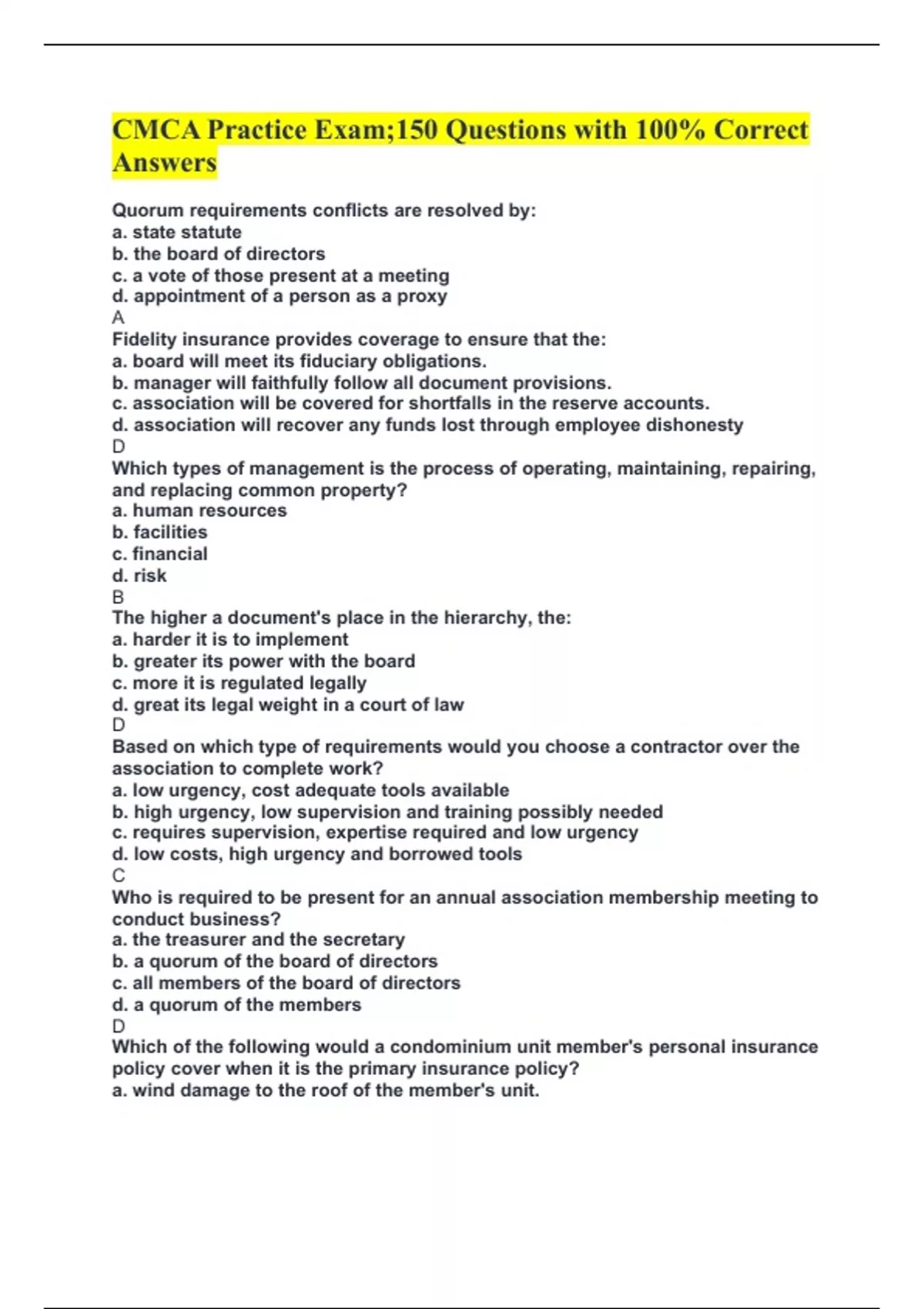 CMCA Practice Exam;150 Questions with 100% Correct Answers - CMCA - Stuvia US