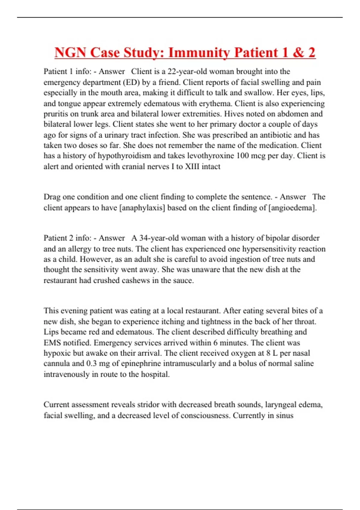 NGN Case Study: Immunity Patient 1 & 2 - NGN - Stuvia US