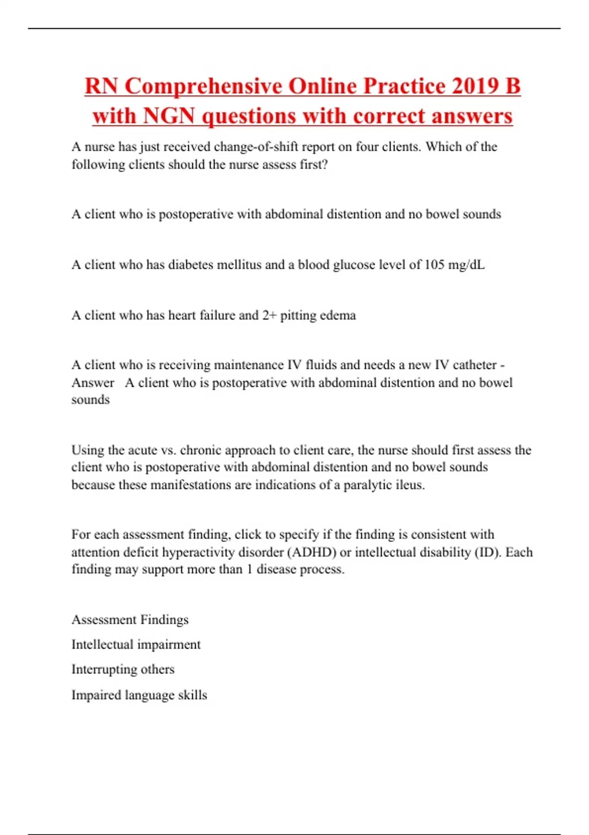 RN Comprehensive Online Practice 2019 B with NGN questions with correct ...