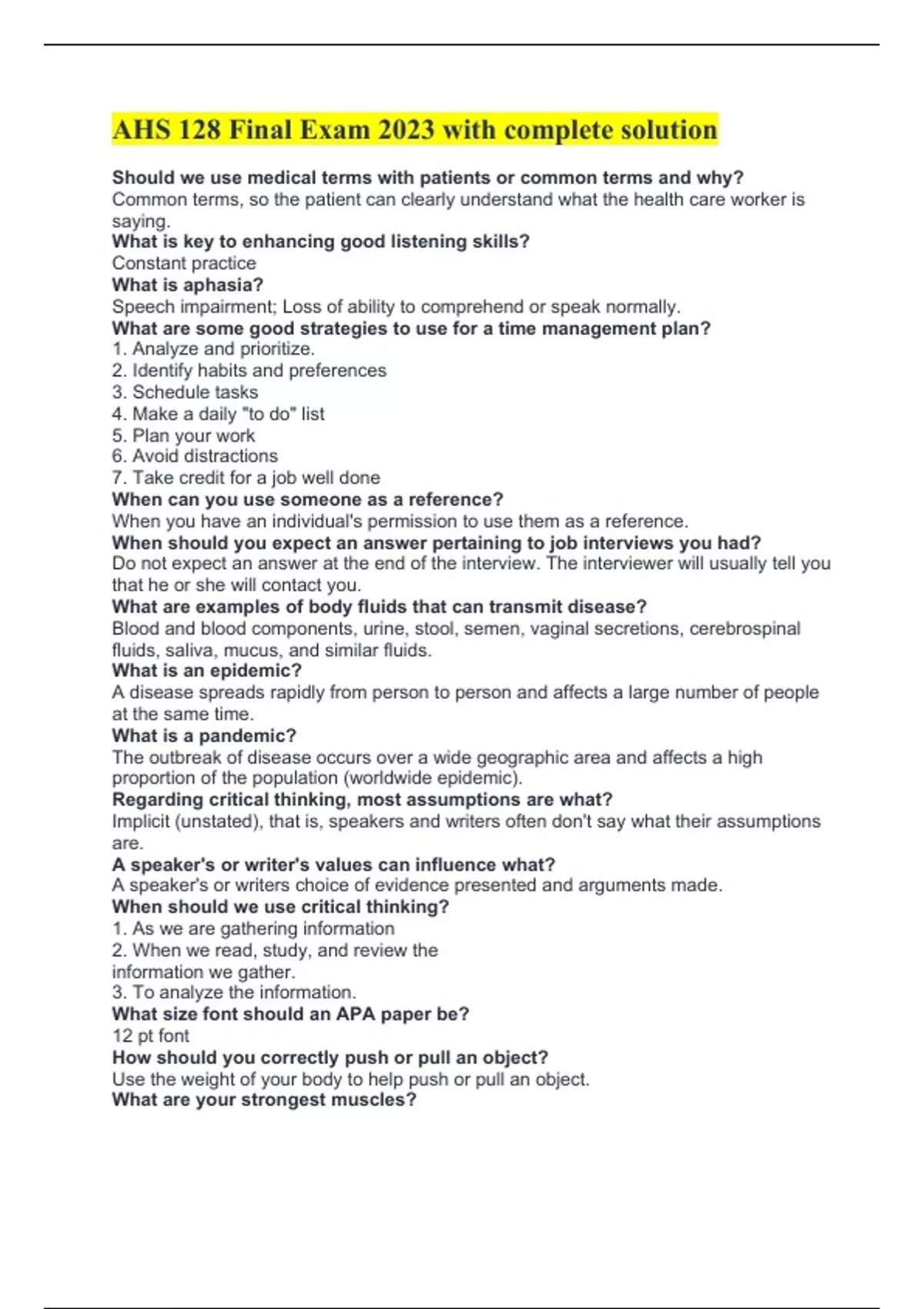 AHS 128 Final Exam 2023 with complete solution - AHS 128 - Stuvia US