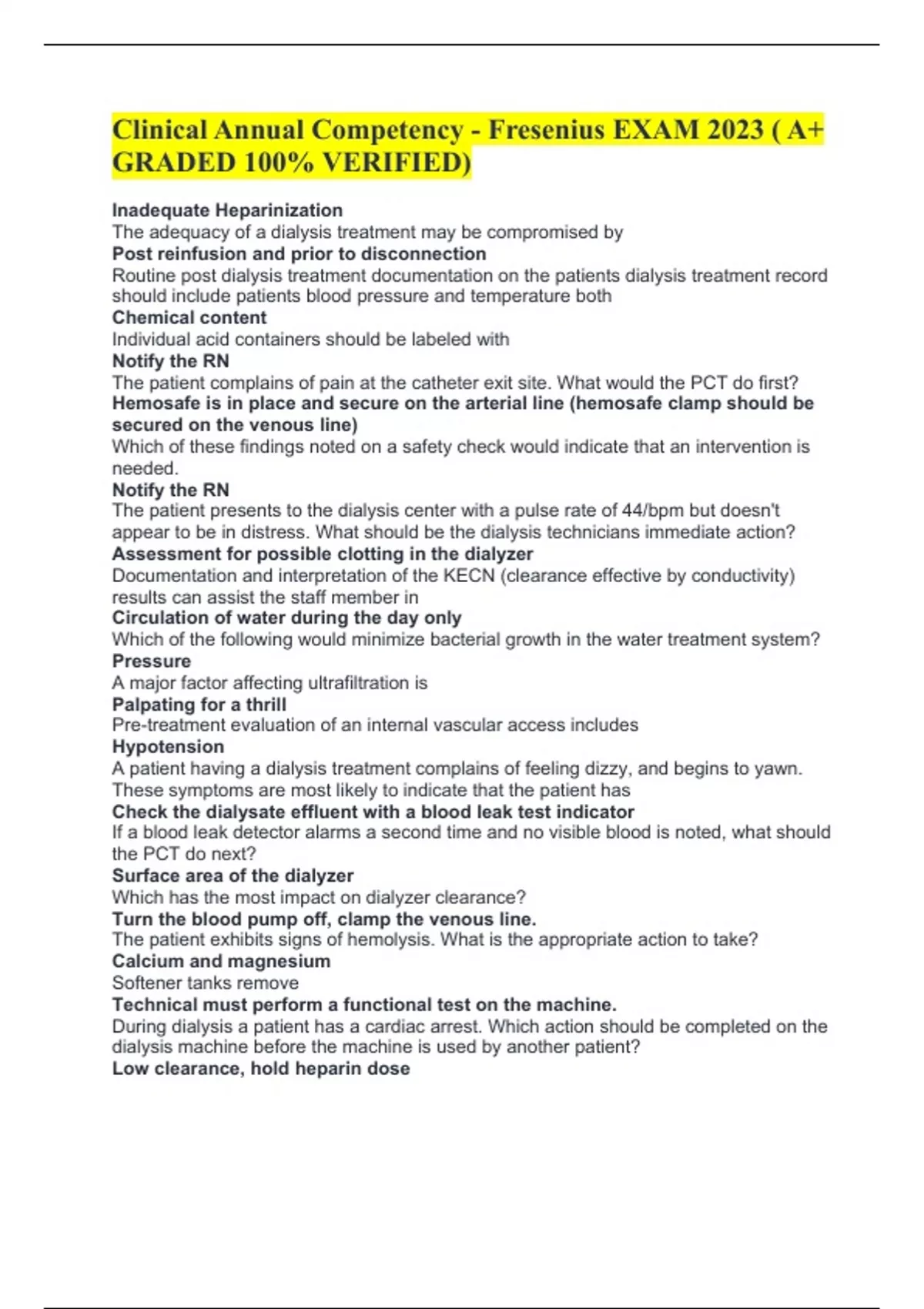 Clinical Annual Competency - Fresenius EXAM 2023 ( A+ GRADED 100% ...