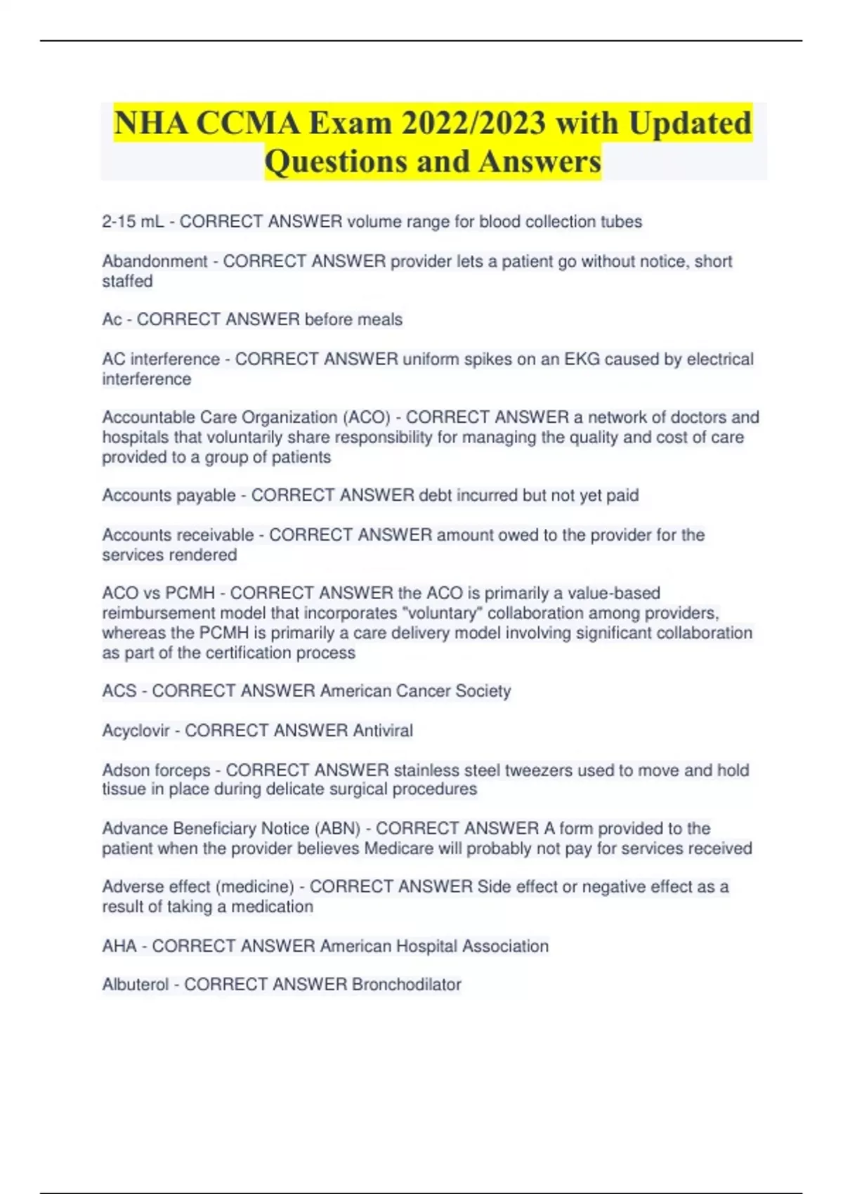 NHA CCMA Exam 2022/2023 with Updated Questions and Answers - NHA CCMA ...