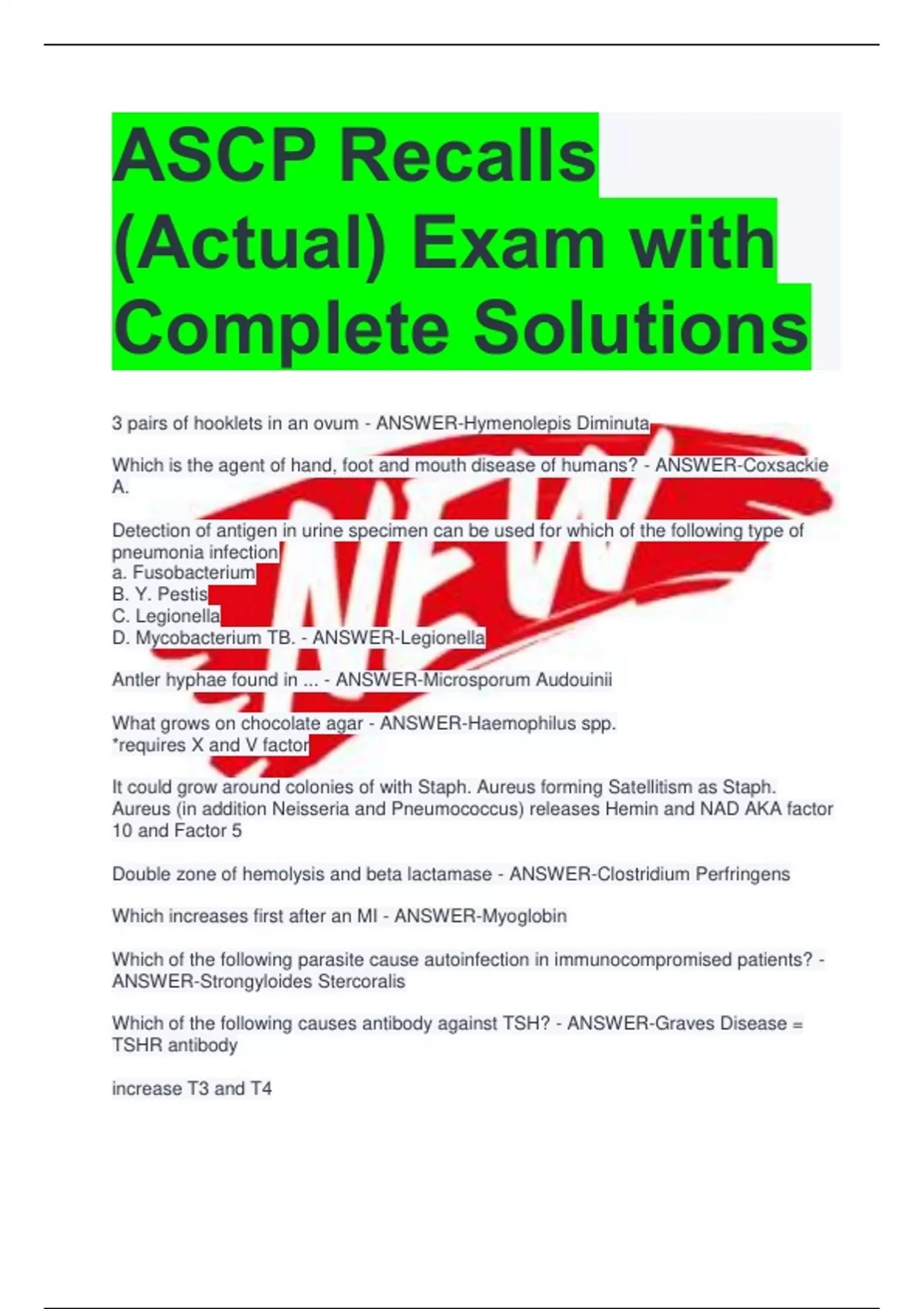 ASCP Recalls (Actual) Exam with Complete Solutions ASCP Recalls (Actual) Exam with Complete ...