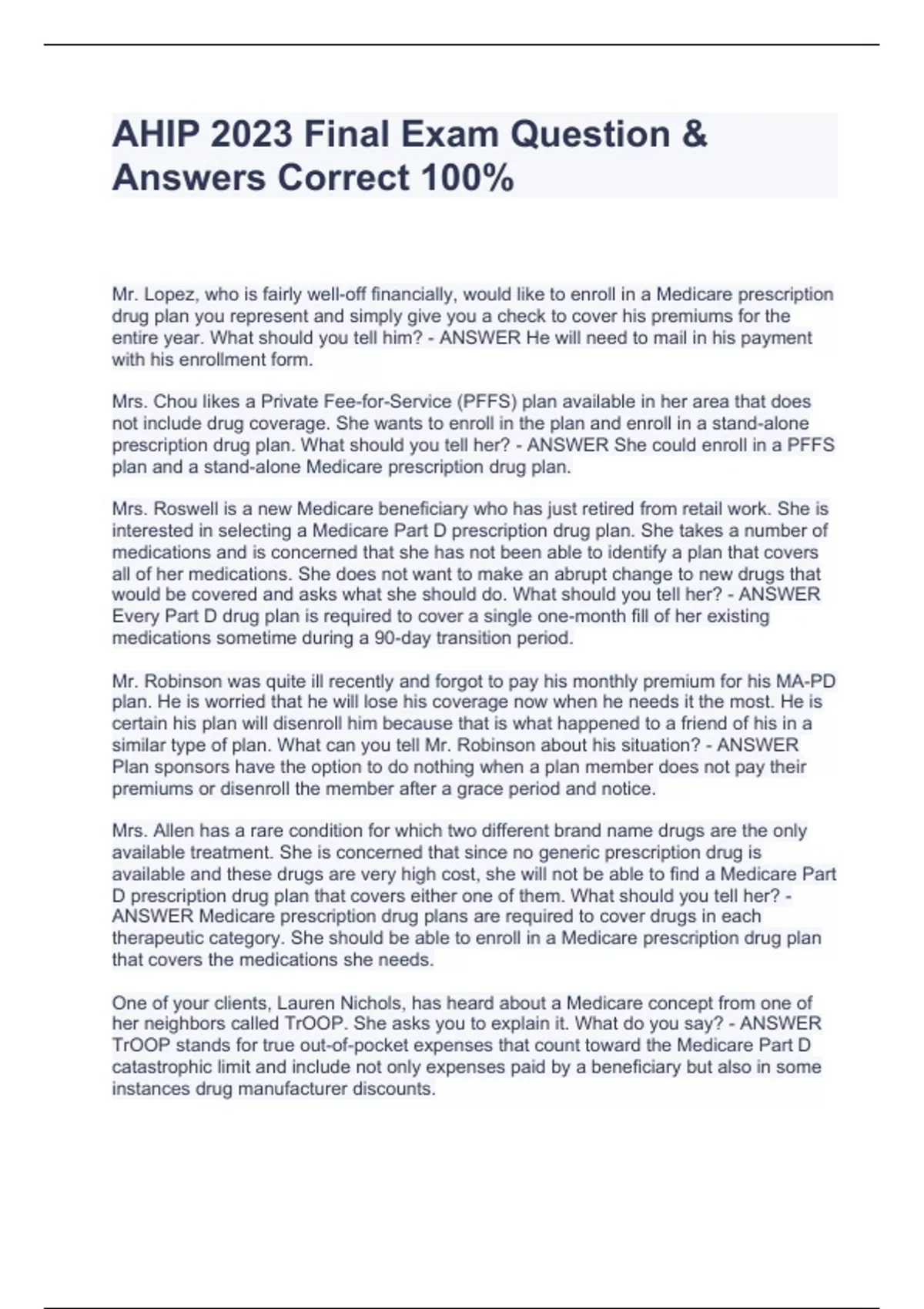 AHIP 2023 Final Exam Question & Answers Correct 100% - AHIP 2023 - Stuvia US