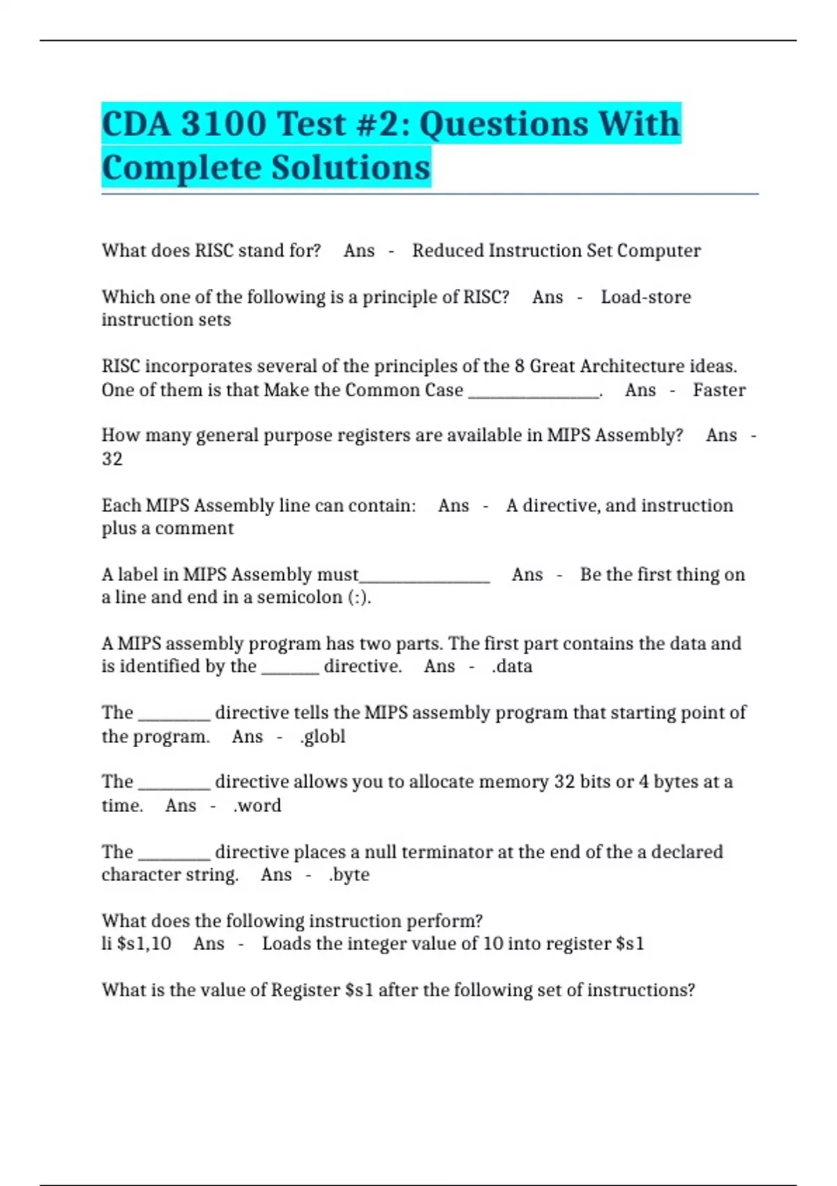 CDA 3100 Test #2: Questions With Complete Solutions - CDA - Stuvia US