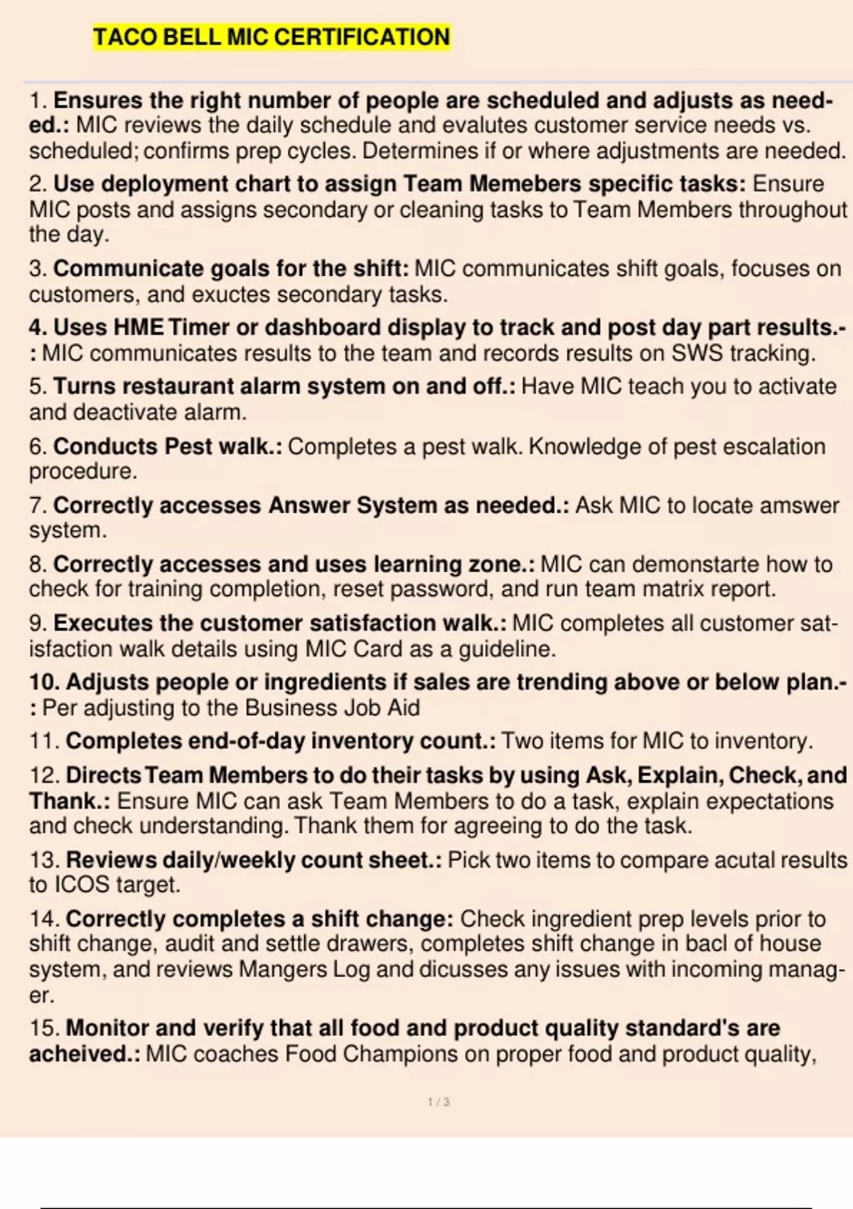 TACO BELL MIC CERTIFICATION Course TACO BELL MIC Institution TACO BELL ...