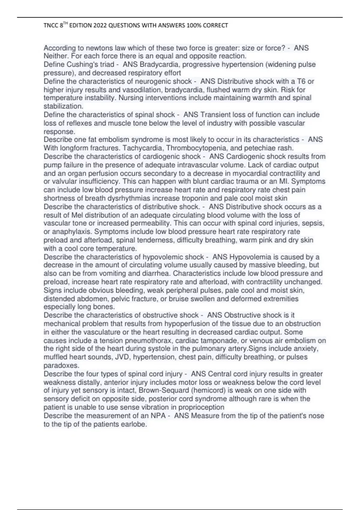TNCC 8TH EDITION 2022 QUESTIONS WITH ANSWERS 100% CORRECT - BSN - Stuvia US