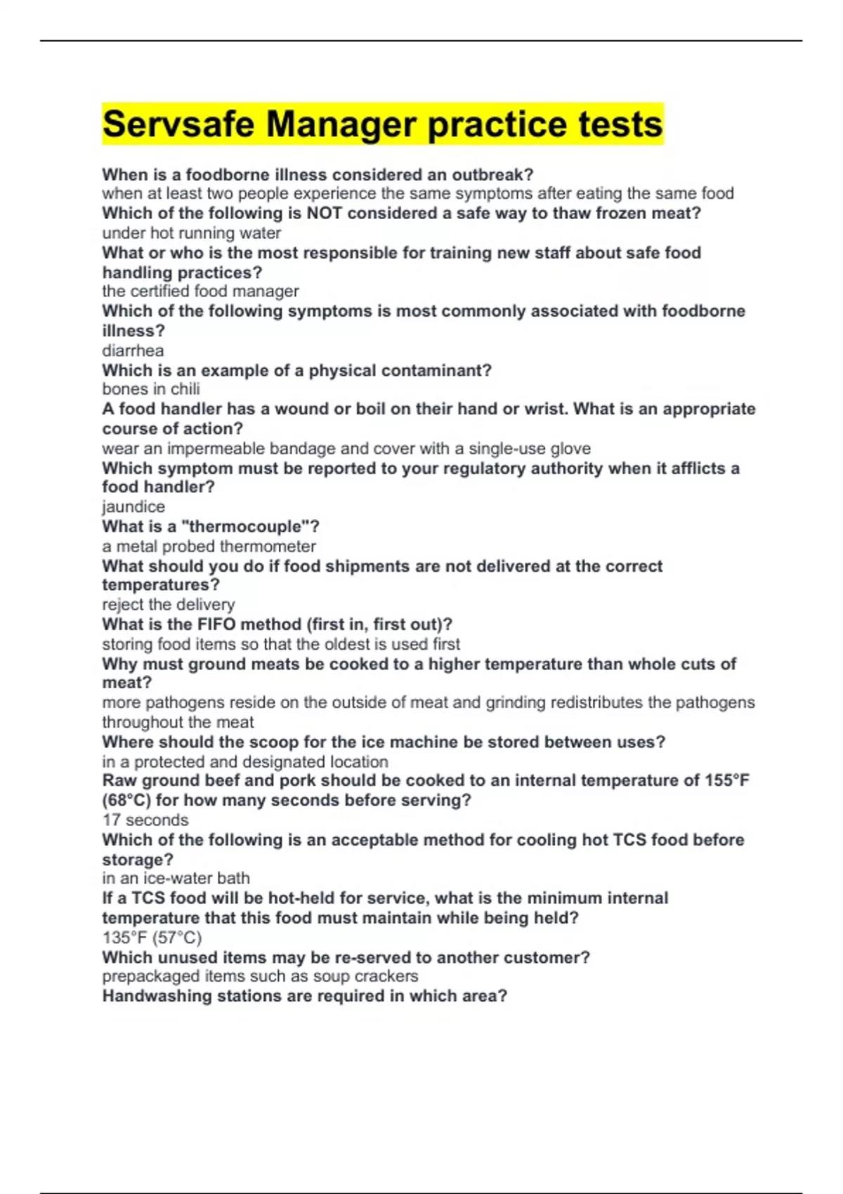 Servsafe Manager practice tests - Servsafe Manager - Stuvia US