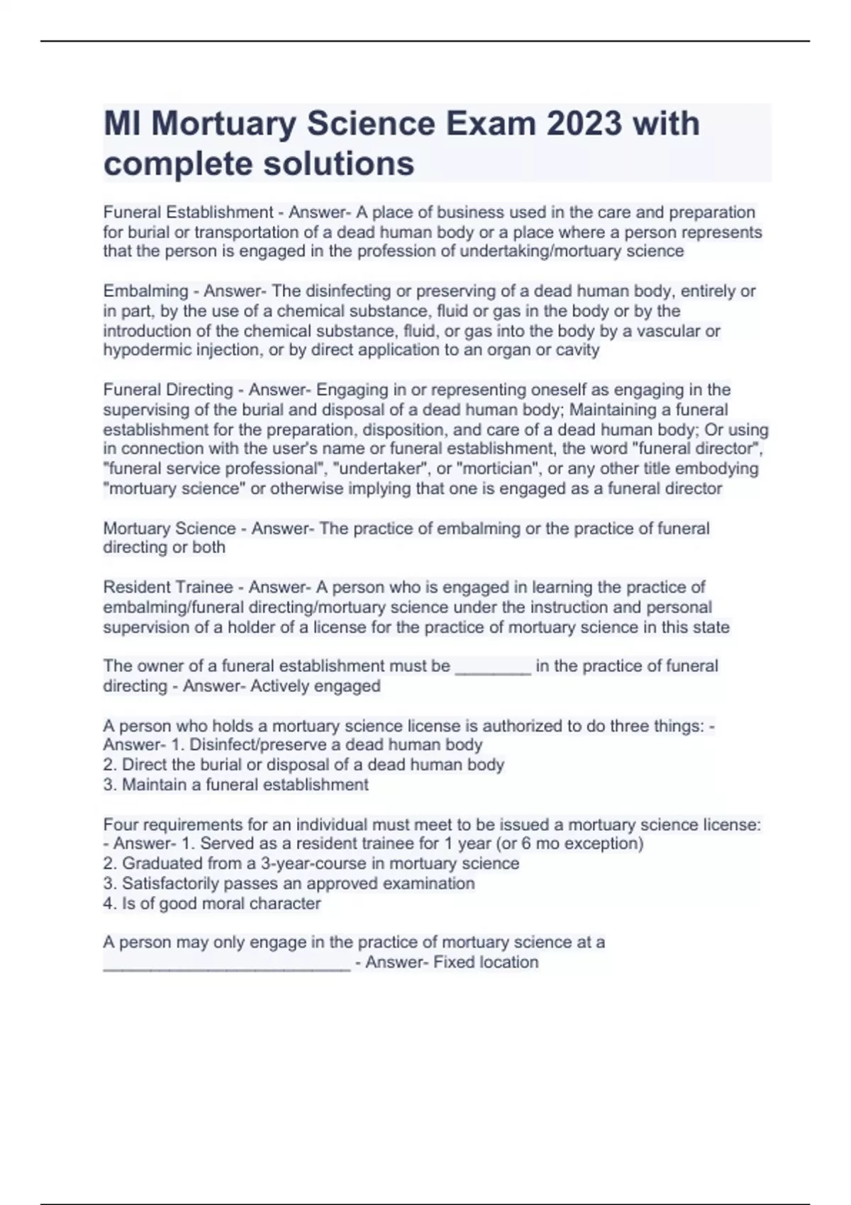 MI Mortuary Science Exam 2023 with complete solutions - MI Mortuary ...