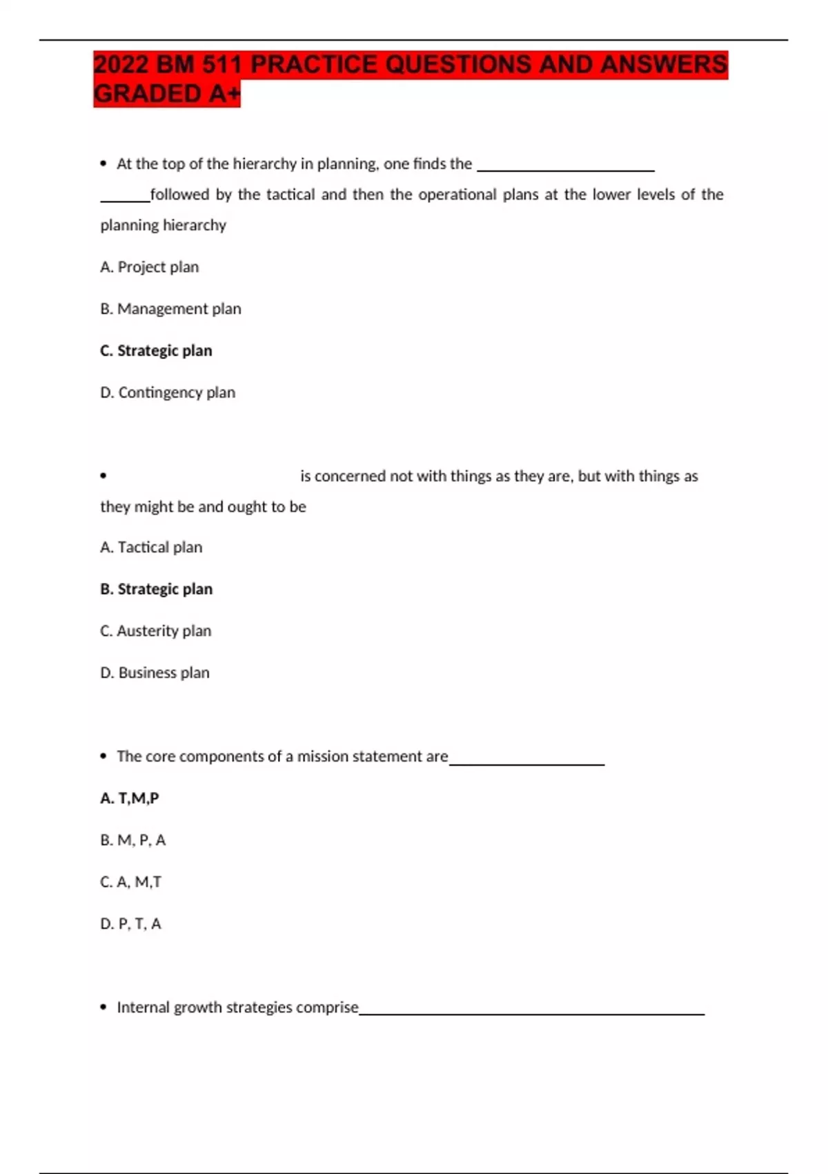 2022 BM 511 PRACTICE QUESTIONS AND ANSWERS GRADED A+ - 2022 BM 5 - Stuvia US