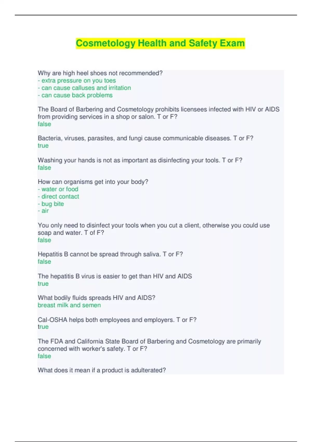 Cosmetology Health and Safety Exam - Summer 2023 - Cosmetology - Stuvia US