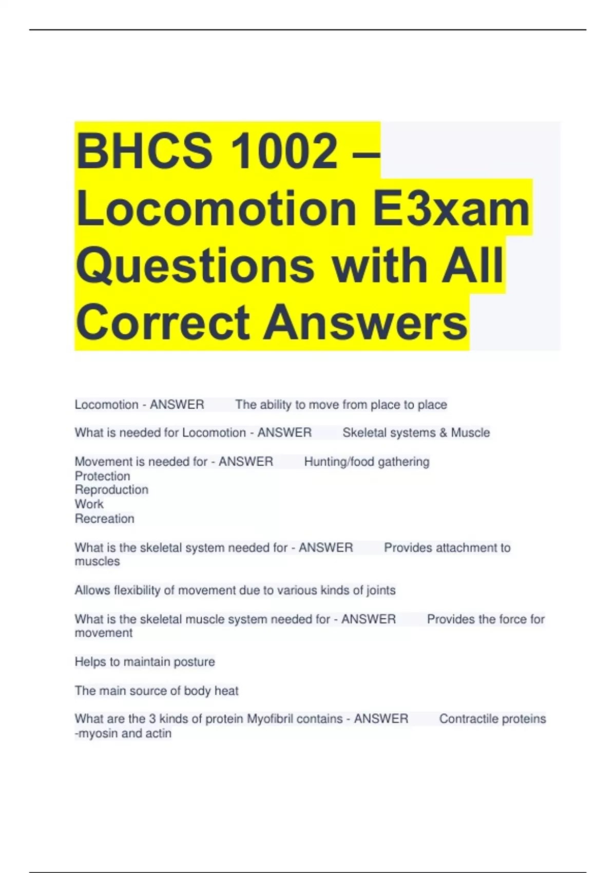 BHCS 1002 – Locomotion E3xam Questions with All Correct Answers - BHCS ...