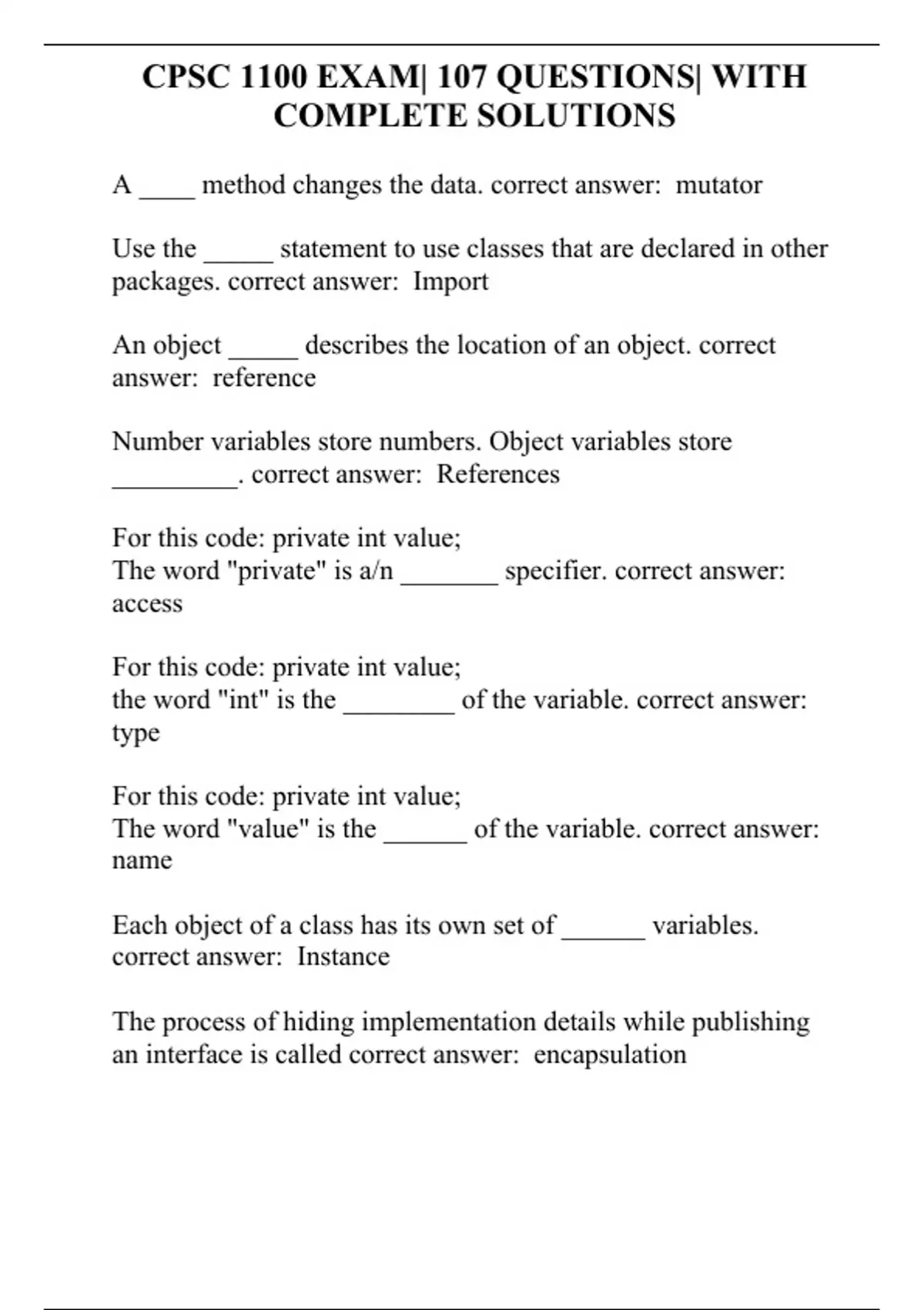 CPSC 1100 EXAM| 107 QUESTIONS| WITH COMPLETE SOLUTIONS - CPSC 1100 - Stuvia US