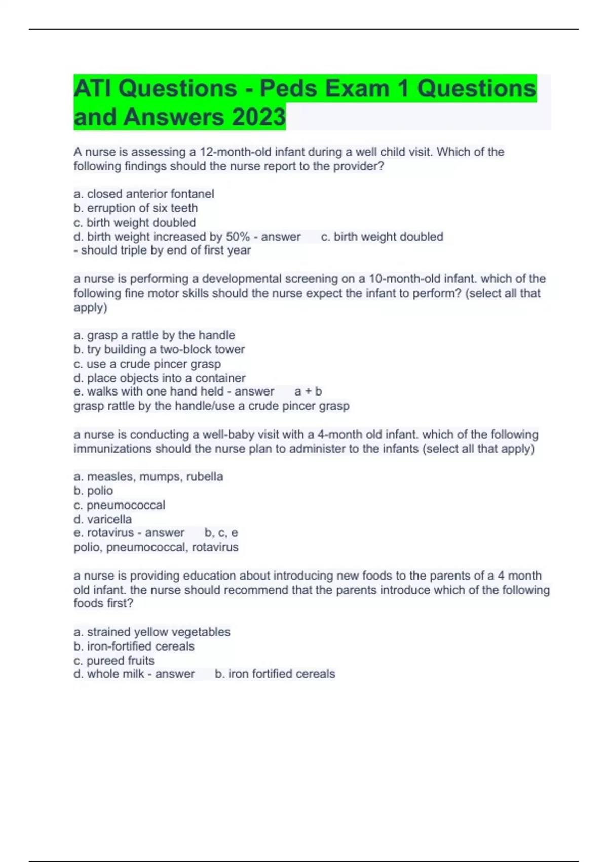 ATI Questions - Peds Exam 1 Questions and Answers 2023 - ATI Peds ...