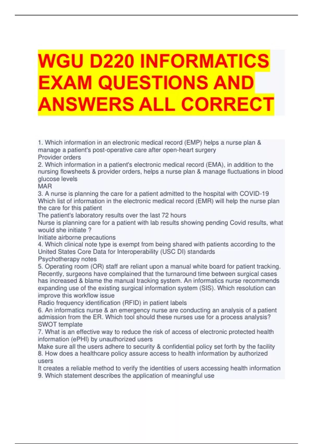 WGU D220 INFORMATICS EXAM QUESTIONS AND ANSWERS ALL CORRECT - WGU D220 - Stuvia US