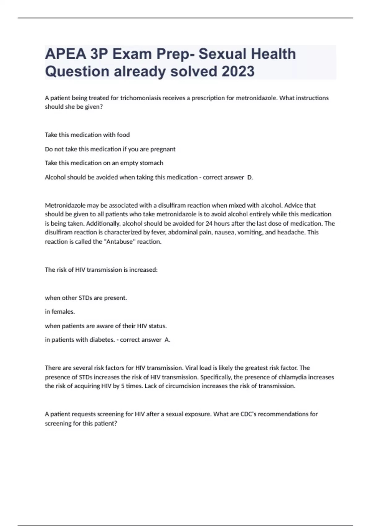 APEA 3P Exam Prep- Sexual Health Question already solved 2023 - APEA ...