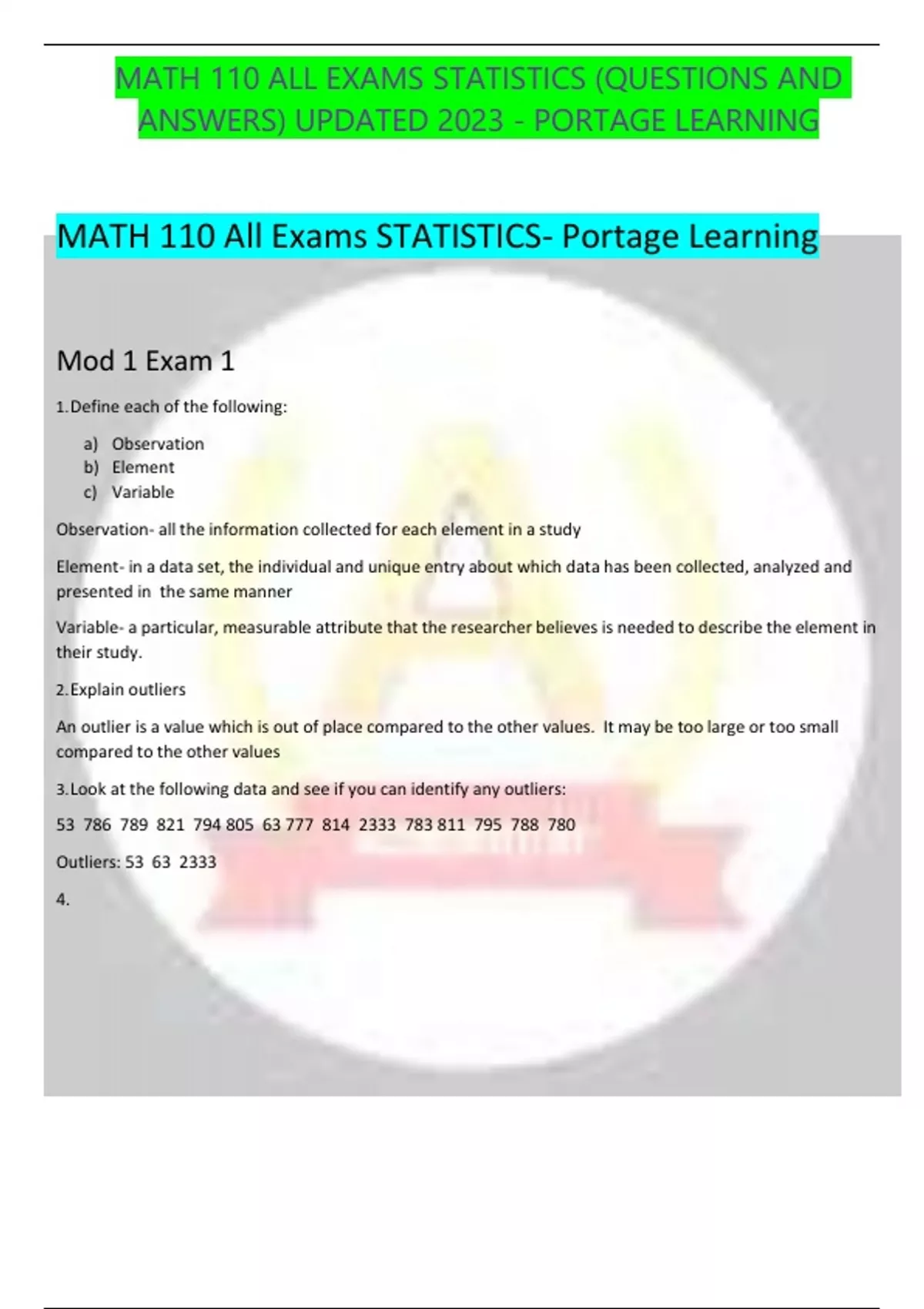 Math 110 All Exams Statistics Questions And Answers Updated 2023 Portage Learning Math 110