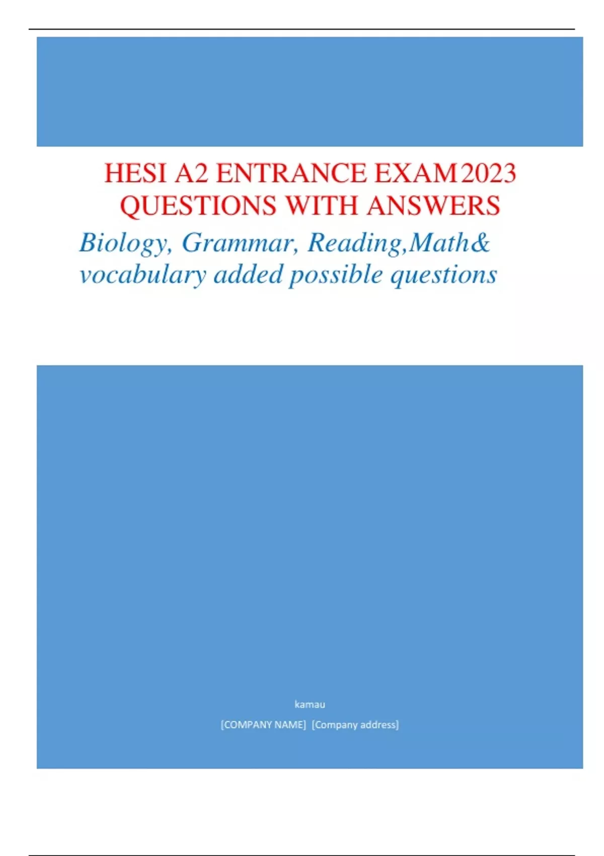 HESI A2 ENTRANCE EXAM - (Biology, Grammar, Reading, Math & Vocabulary ...