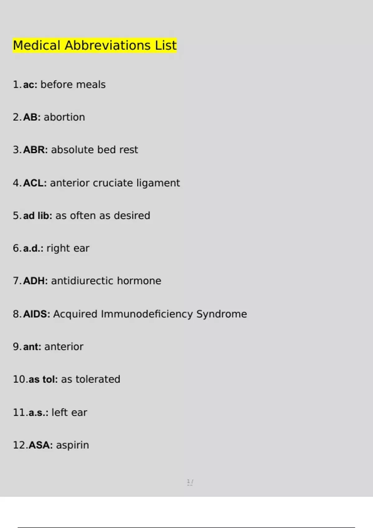Medical Abbreviations List EXAM Questions and Answers (2022/2023 ...