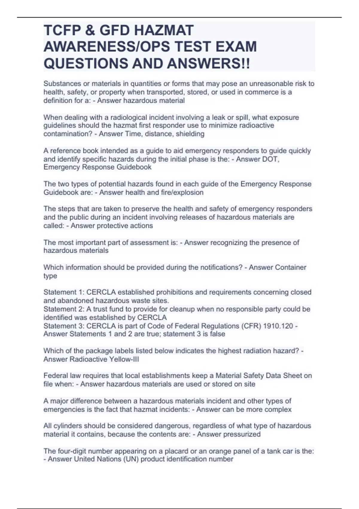 TCFP & GFD HAZMAT AWARENESS/OPS TEST EXAM QUESTIONS AND ANSWERS ...