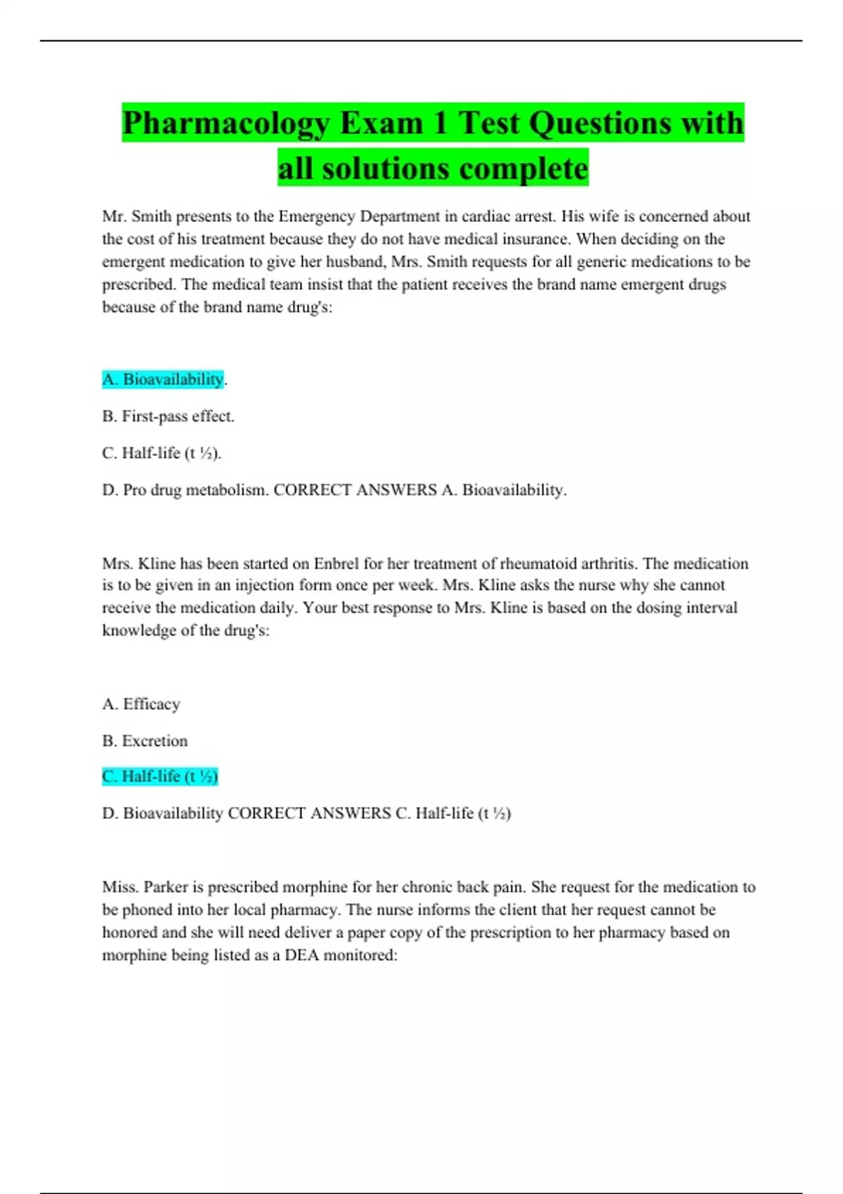 Pharmacology Exam 1 Test Questions with all solutions complete ...