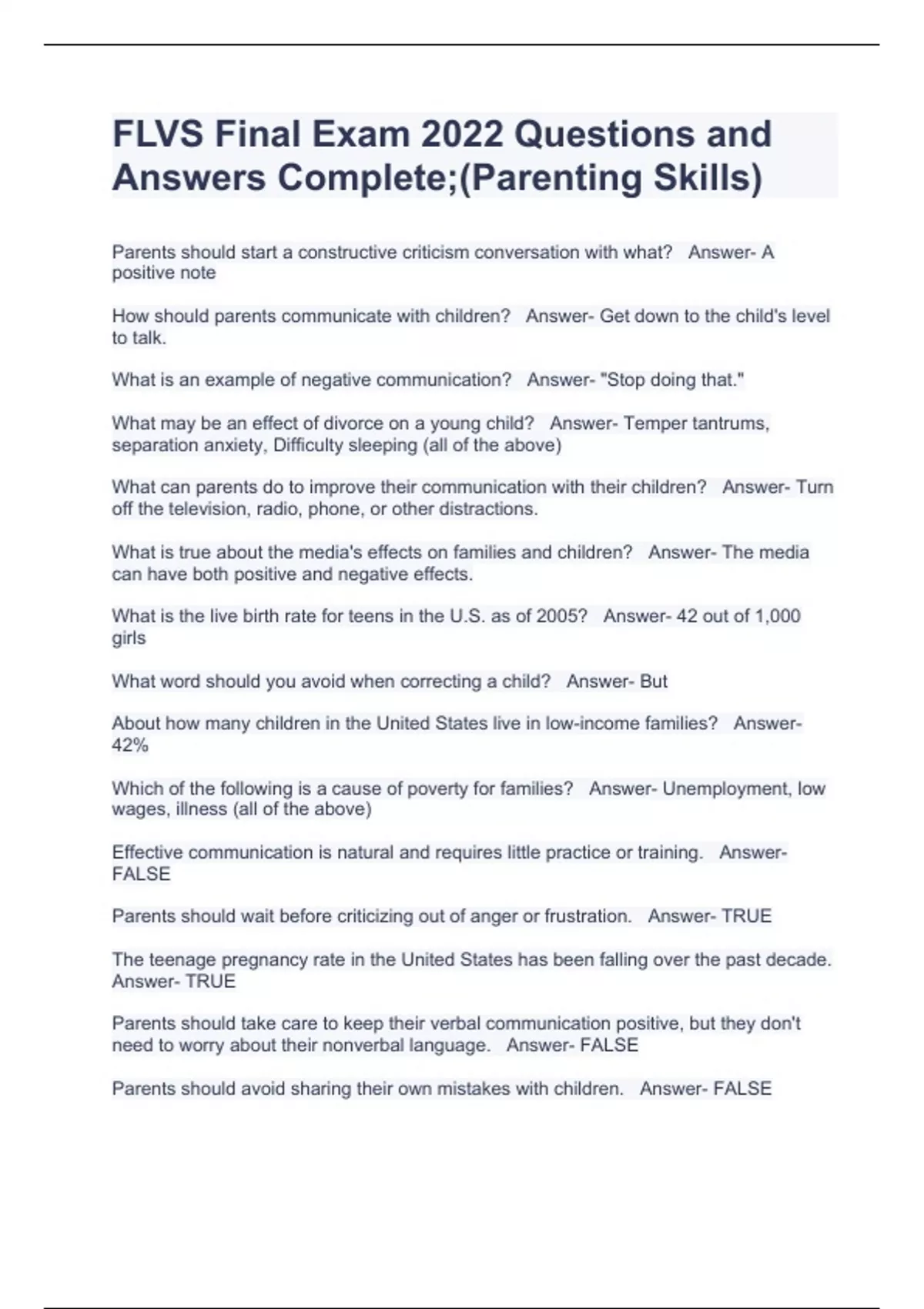 FLVS Final Exam 2022 Questions and Answers Complete;(Parenting Skills ...