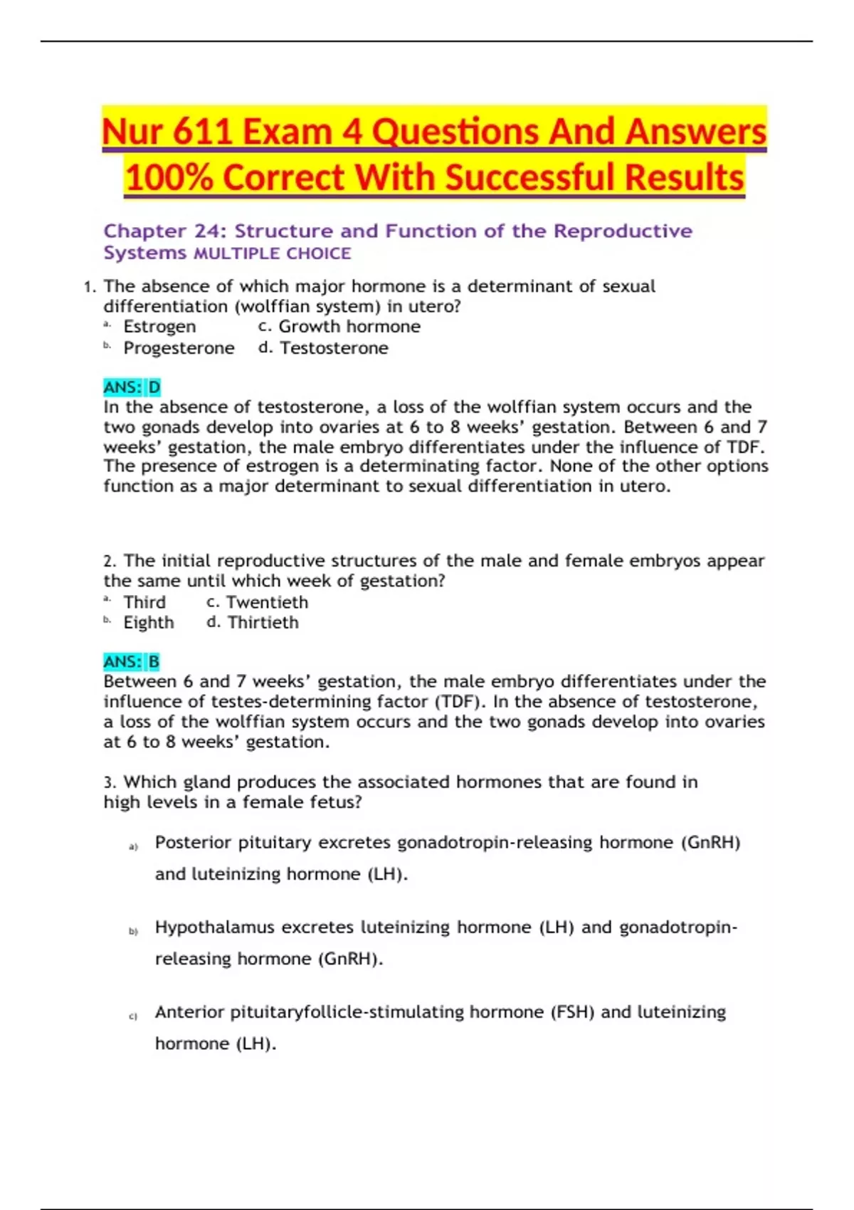 Nur 611 Exam 4 Questions And Answers 100% Correct With Successful ...