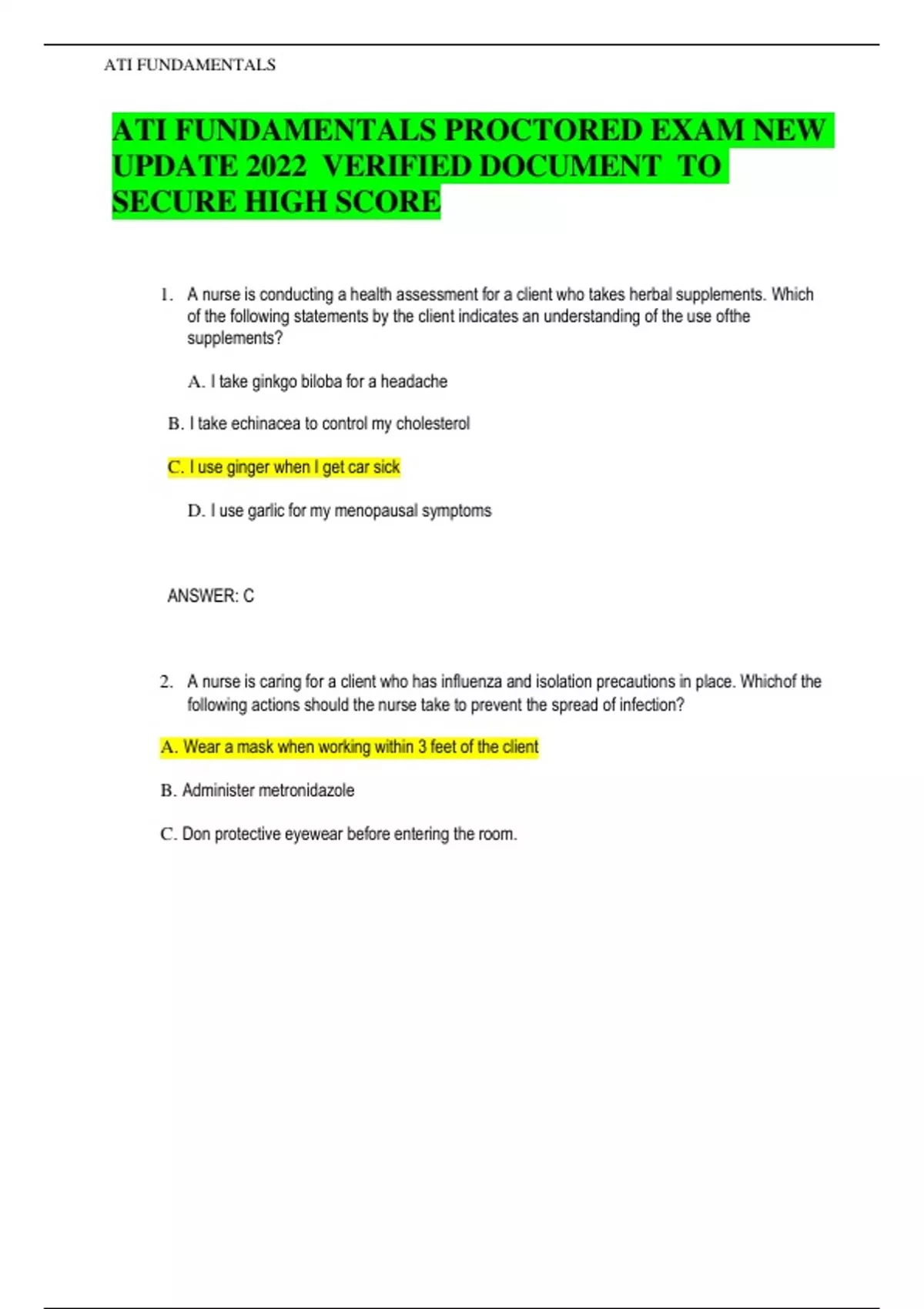 ATI FUNDAMENTALS ATI FUNDAMENTALS PROCTORED EXAM NEW UPDATE 2022 ...