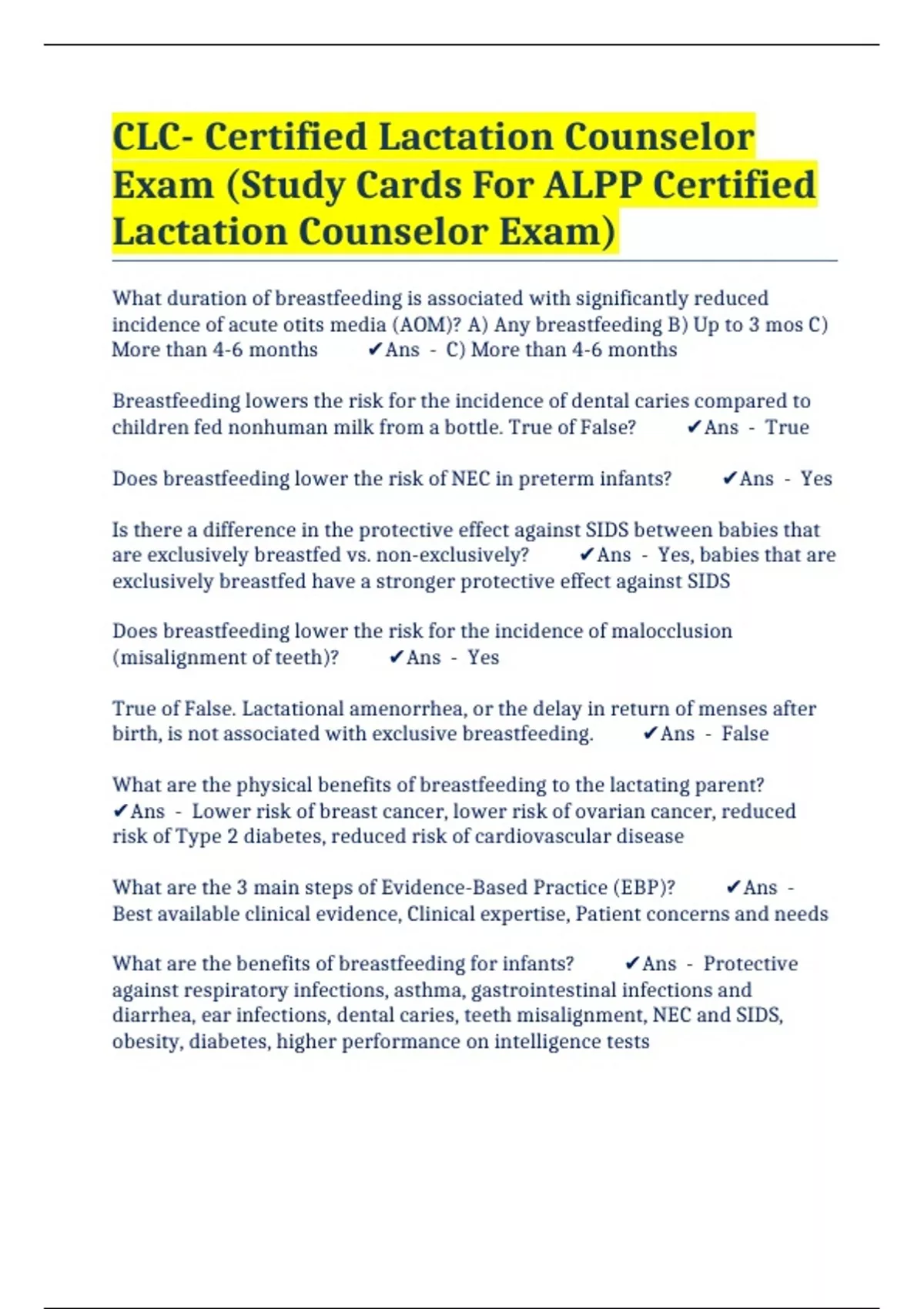 CLC- Certified Lactation Counselor Exam (Study Cards For ALPP Certified ...