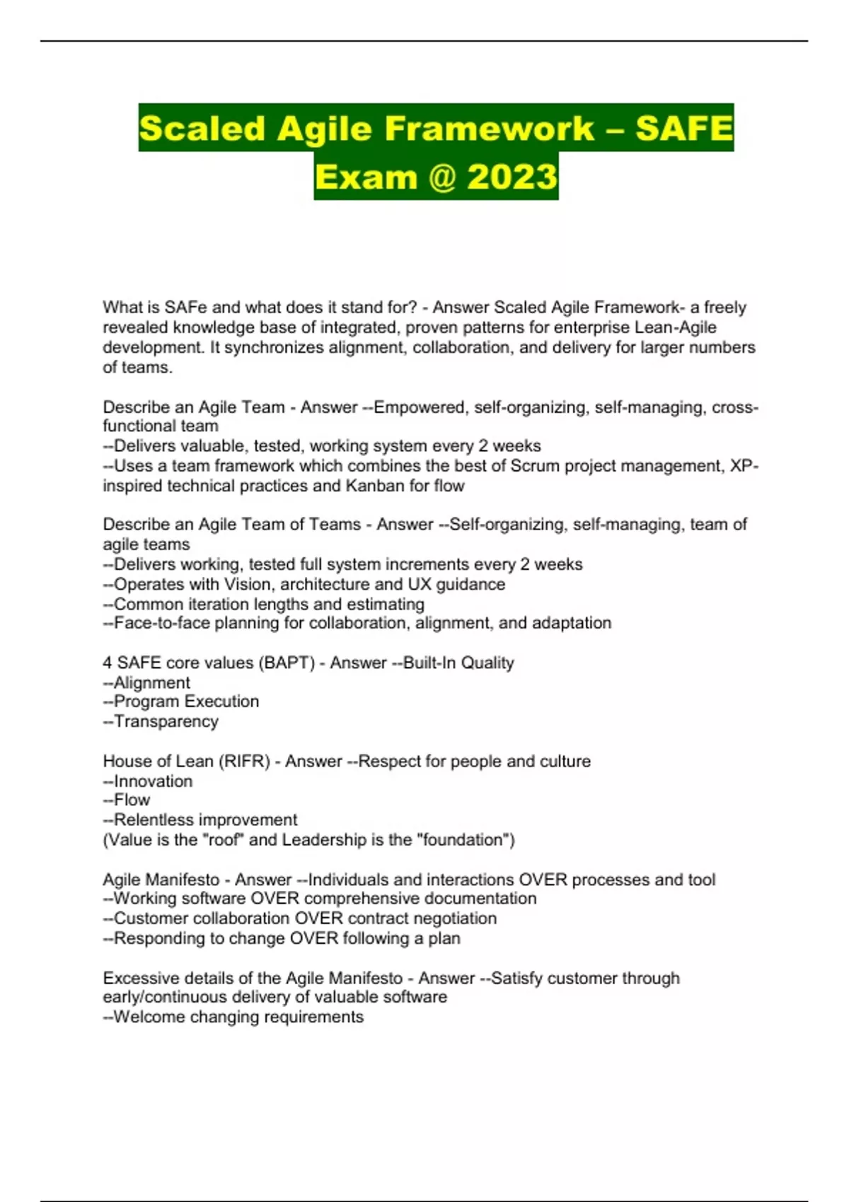 Scaled Agile Framework – SAFE Exam @ 2023 - Scaled Agile Framework – SAFE - Stuvia US