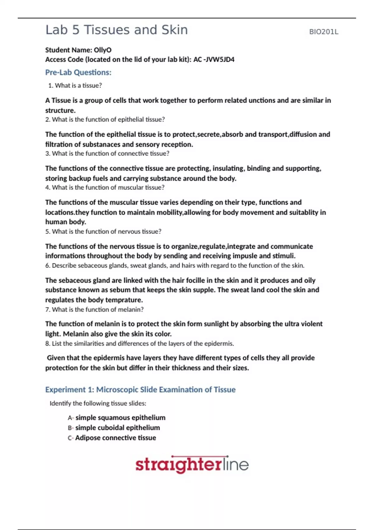 StraighterLine-BIO 201L LAB 5 TISSUES & SKIN - Questions & Answers (98% ...