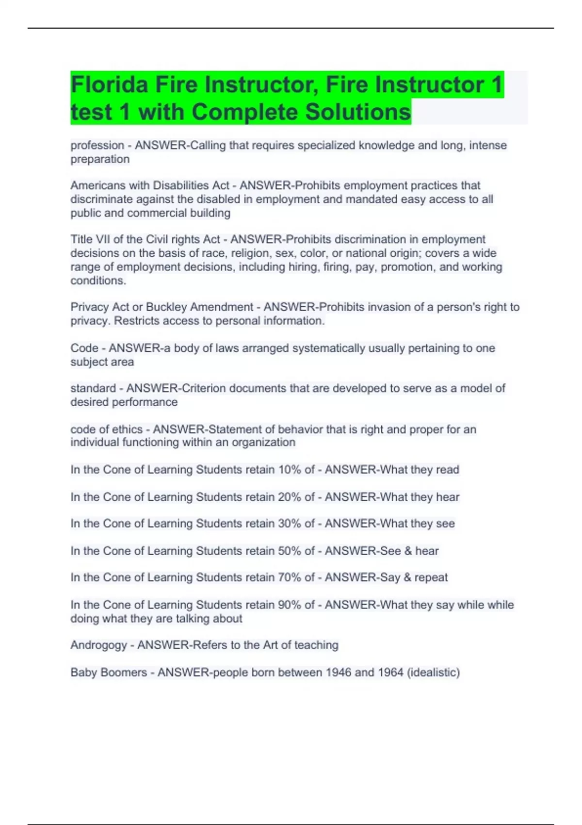 Florida Fire Instructor, Fire Instructor 1 test 1 with Complete ...