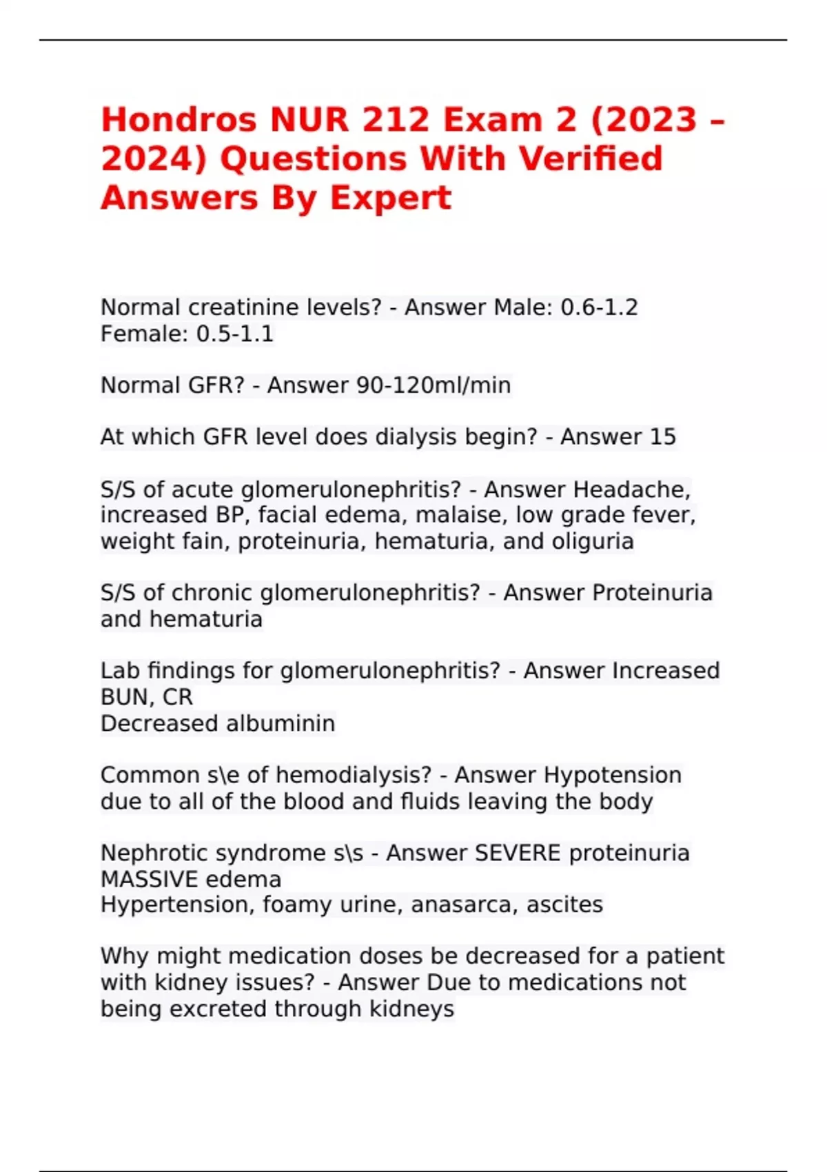 Hondros NUR 212 Exam 2 (2023 – 2024) Questions With Verified Answers By Expert - Hondros NUR 212 ...