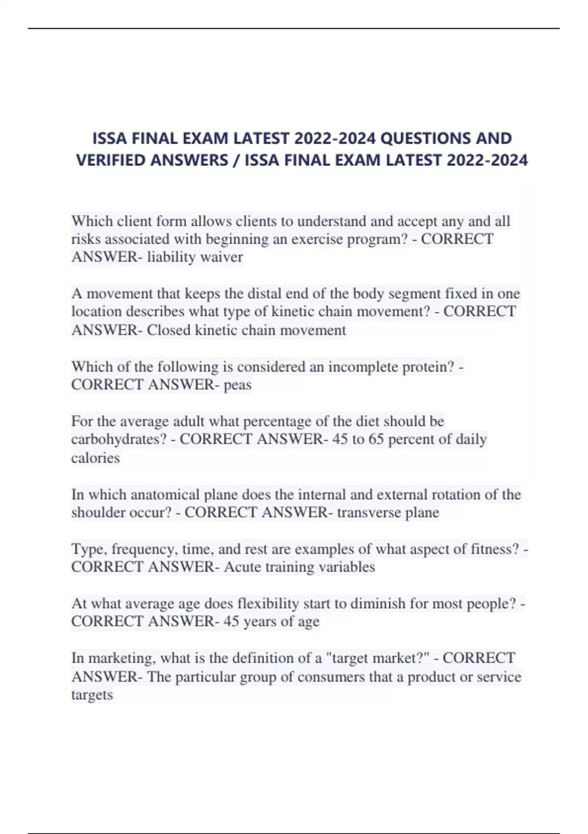 ISSA FINAL EXAM LATEST QUESTIONS AND VERIFIED ANSWERS / ISSA FINAL EXAM ...