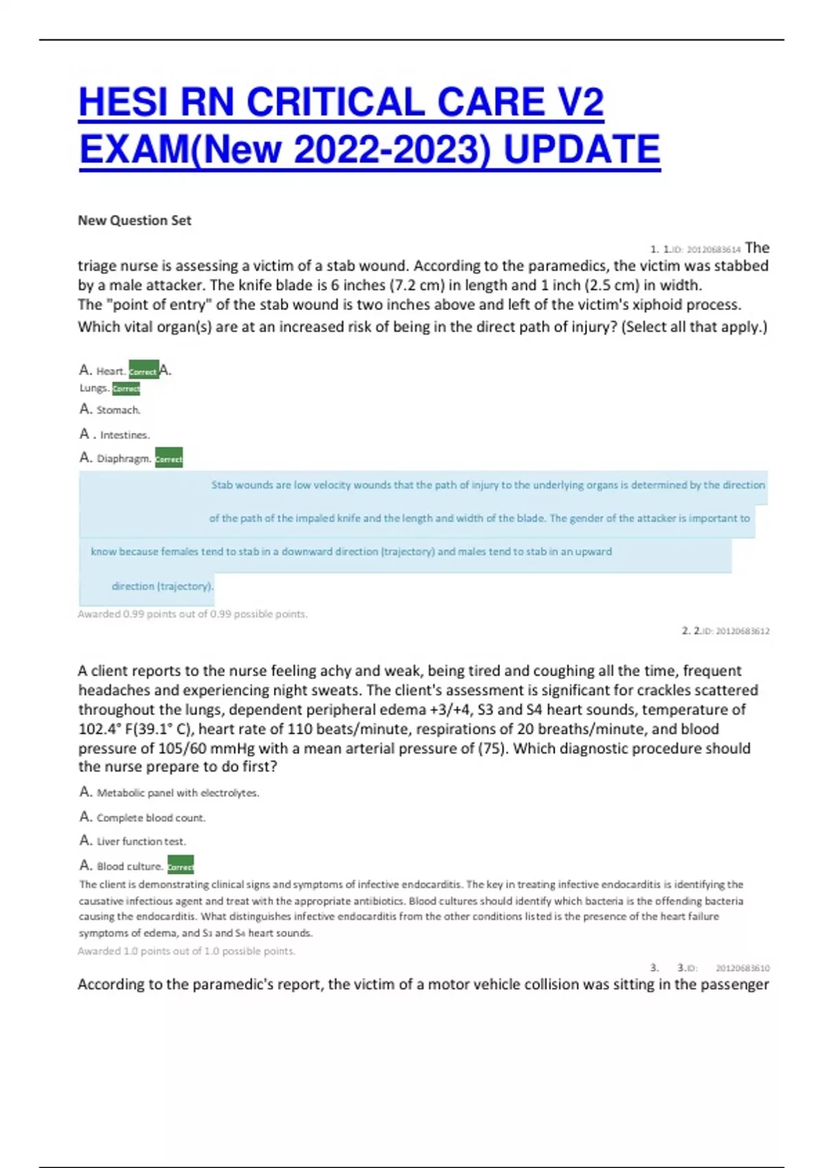 HESI RN CRITICAL CARE V2 EXAM(New ) UPDATE - Advance nursing - Stuvia US