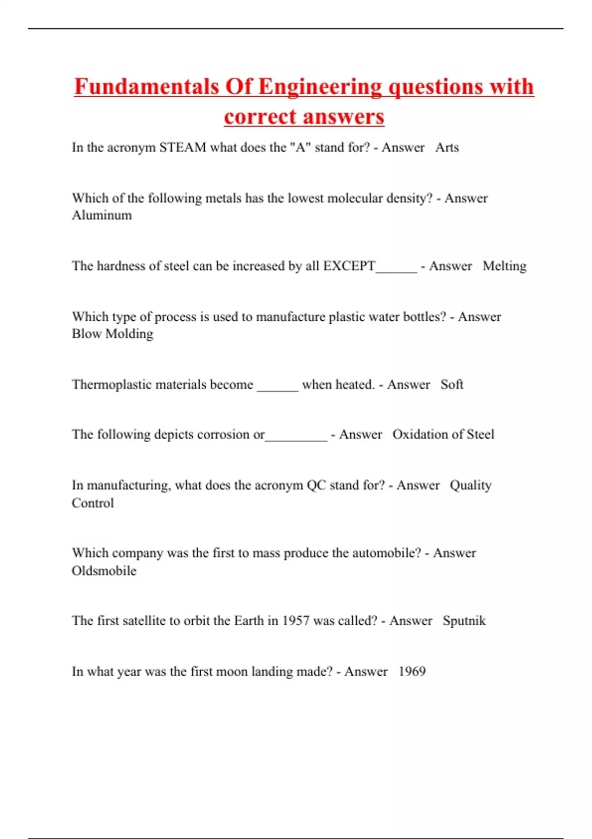 Fundamentals Of Engineering questions with correct answers ...