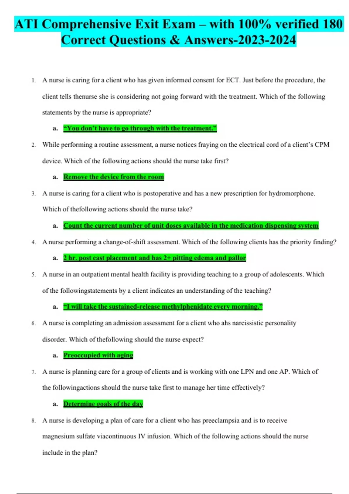 ATI Comprehensive Exit Exam – with 100% verified 180 Correct Questions ...