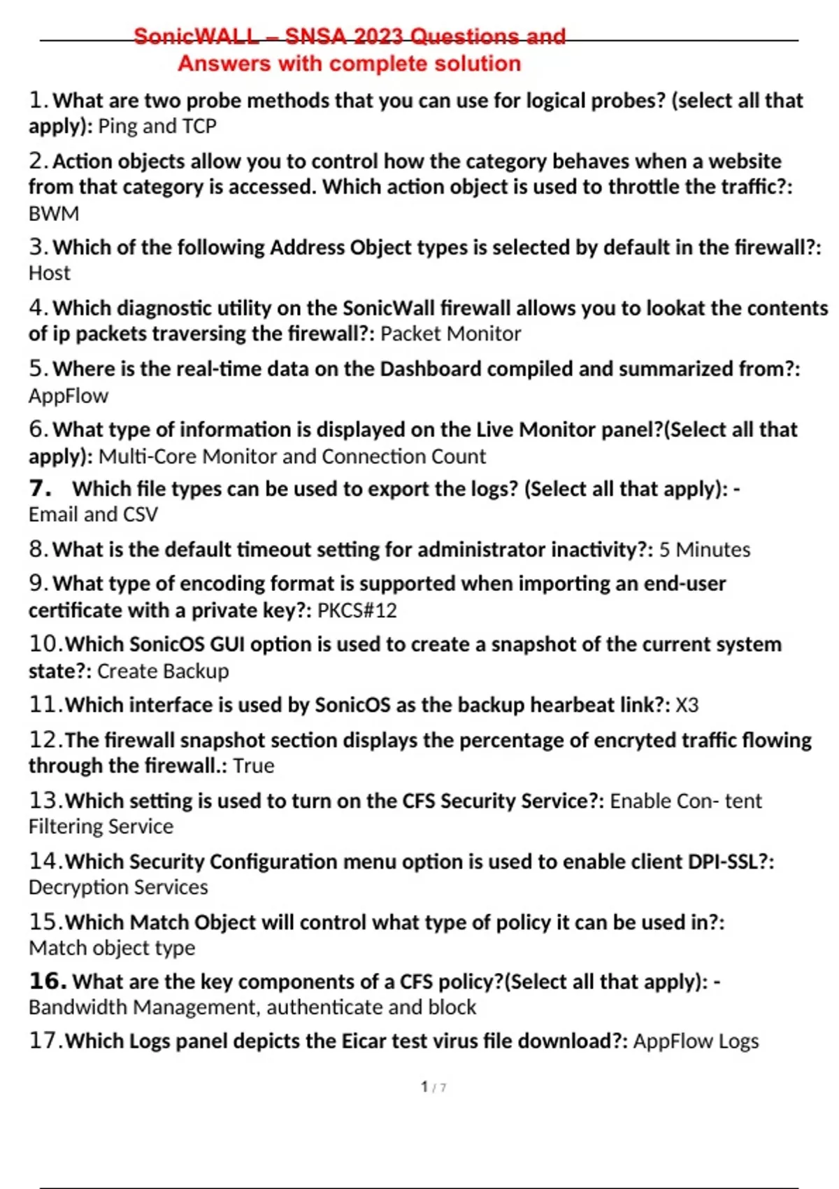 SonicWALL – SNSA 2023 Questions and Answers with complete solution ...