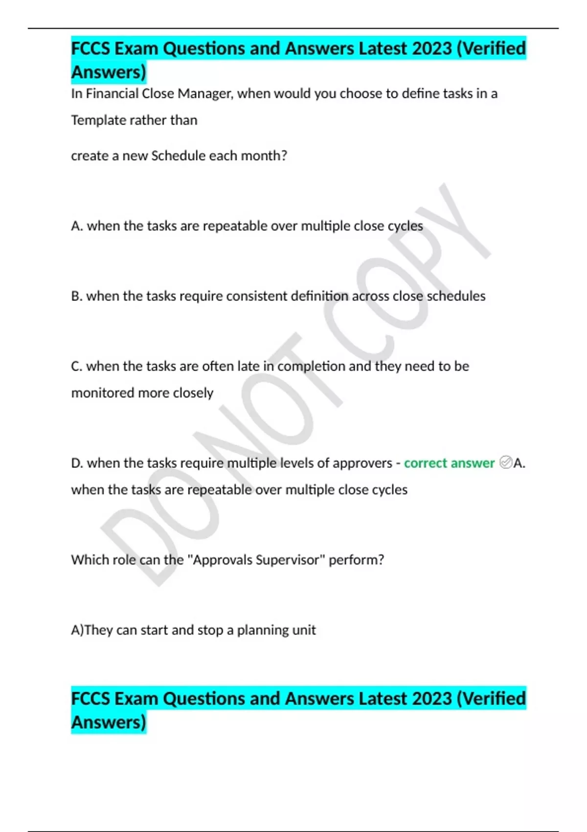 FCCS Exam Questions And Answers Latest 2023 Verified Answers FCCS