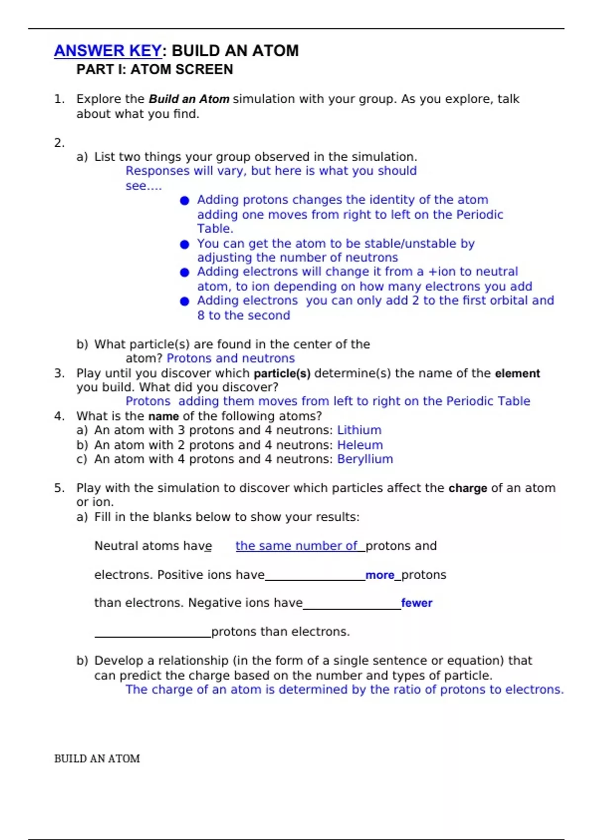 ANSWER KEY : BUILD AN ATOM PART I: ATOM SCREEN Build an Atom simulation ( an atom ) - BUILD AN ...