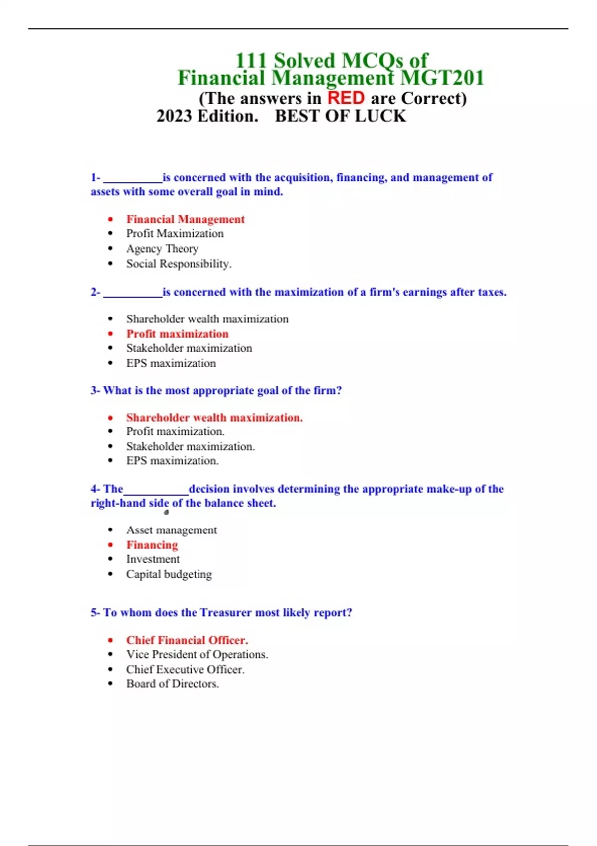 111 Solved MCQs of Financial Management MGT201 (The answers in RED are ...